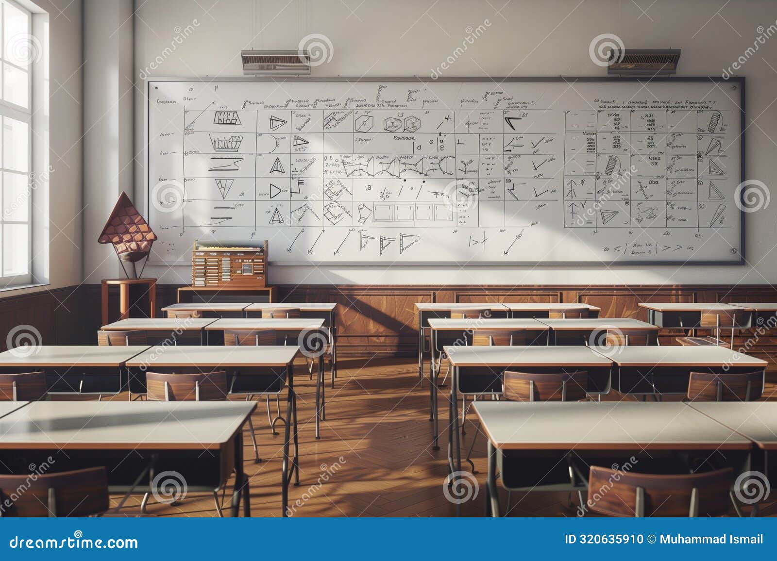 Mathematics Classroom And Kids Behind The Desks Set Of Illustrations ...