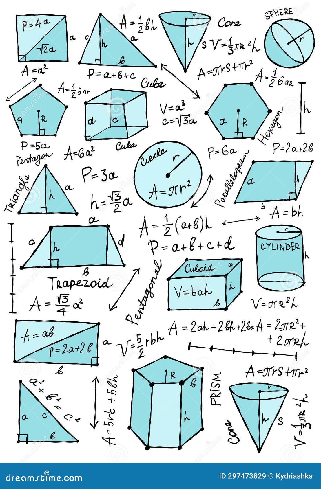 Mathematics and Geometry, Figures and Formulas. Vertical Card on White ...