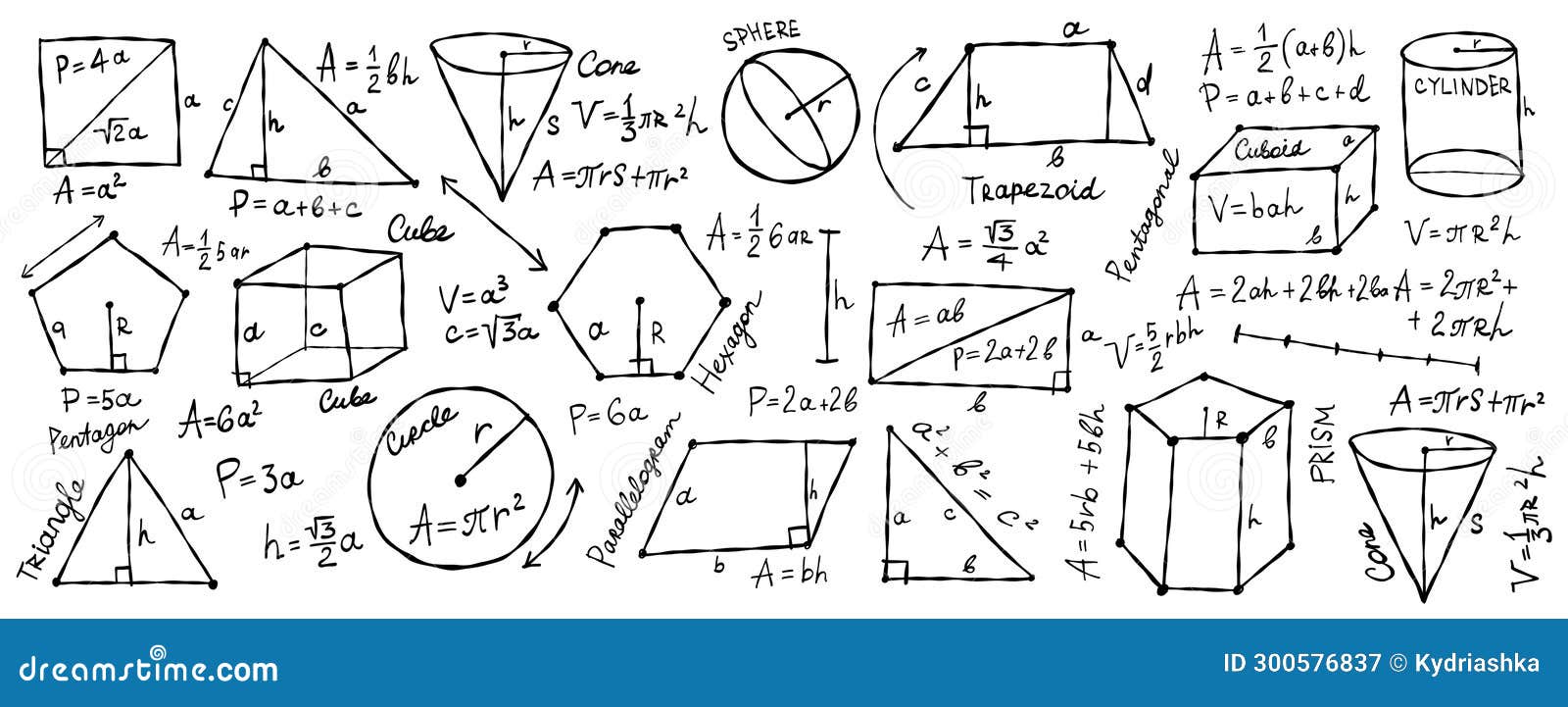 Mathematics and Geometry, Figures and Formulas on White Background ...