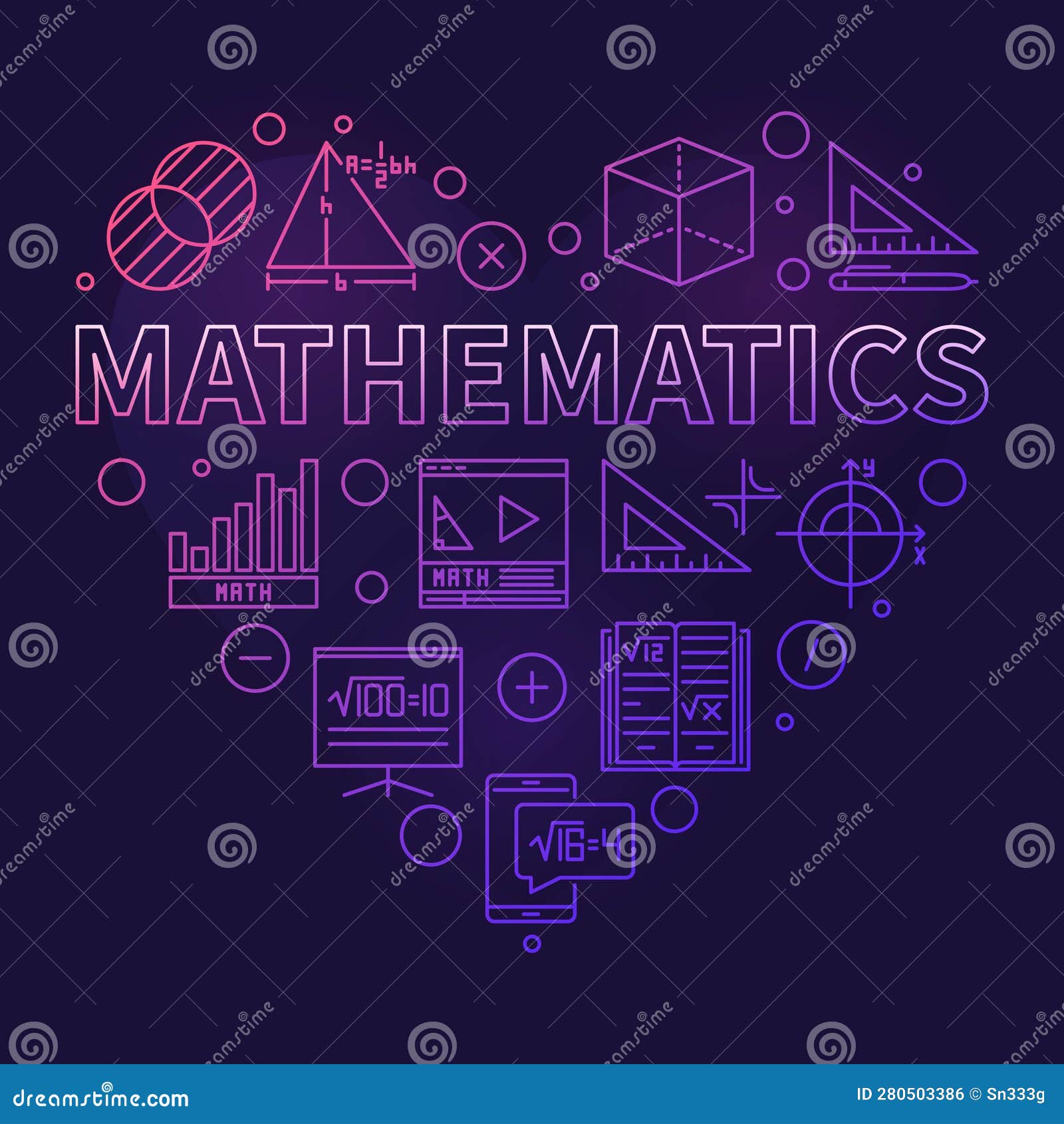 Mathematics Vector Thin Line Heart Shaped Colored Banner - Math Science ...