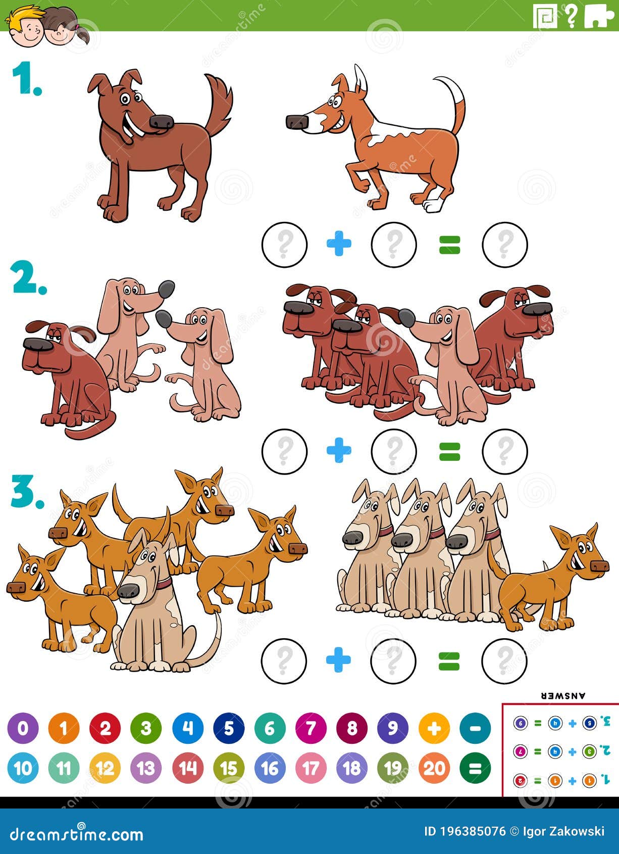 Maths Addition Educational Game With Animals Vector Illustration ...