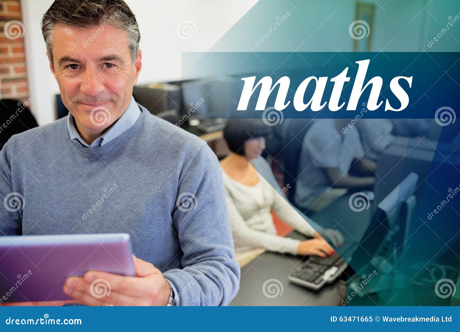 Maths Against Teacher Holding a Tablet Pc Stock Image - Image of room ...