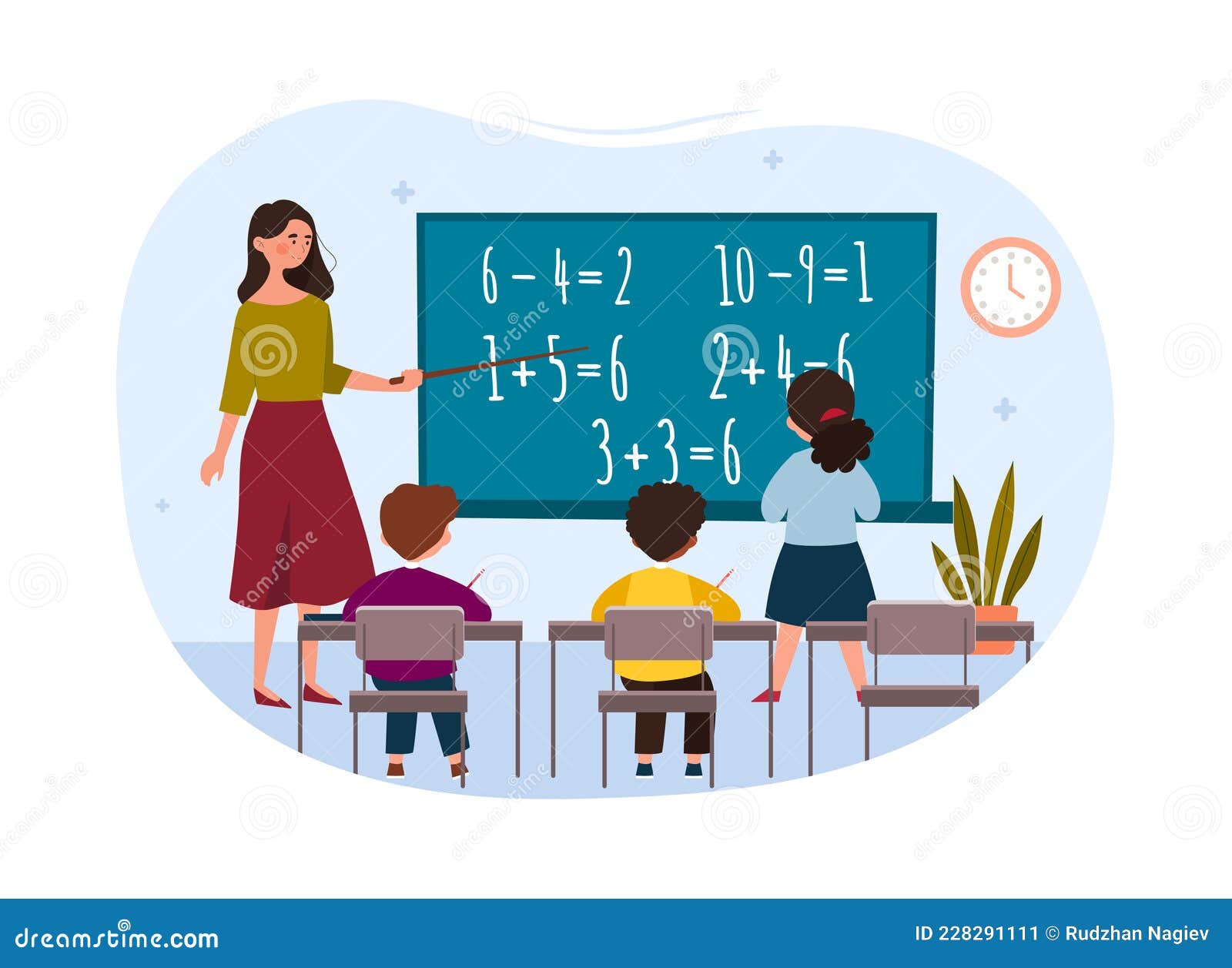 Maths Class, Woman Teacher And Pupils Sitting At Desks In Room. Kids ...