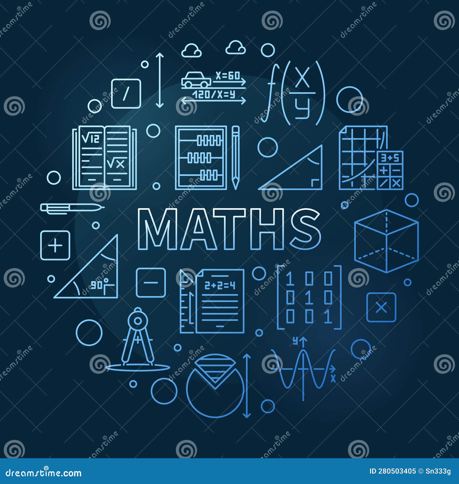 Maths Concept Vector Thin Line Round Blue Banner. Math Illustration ...