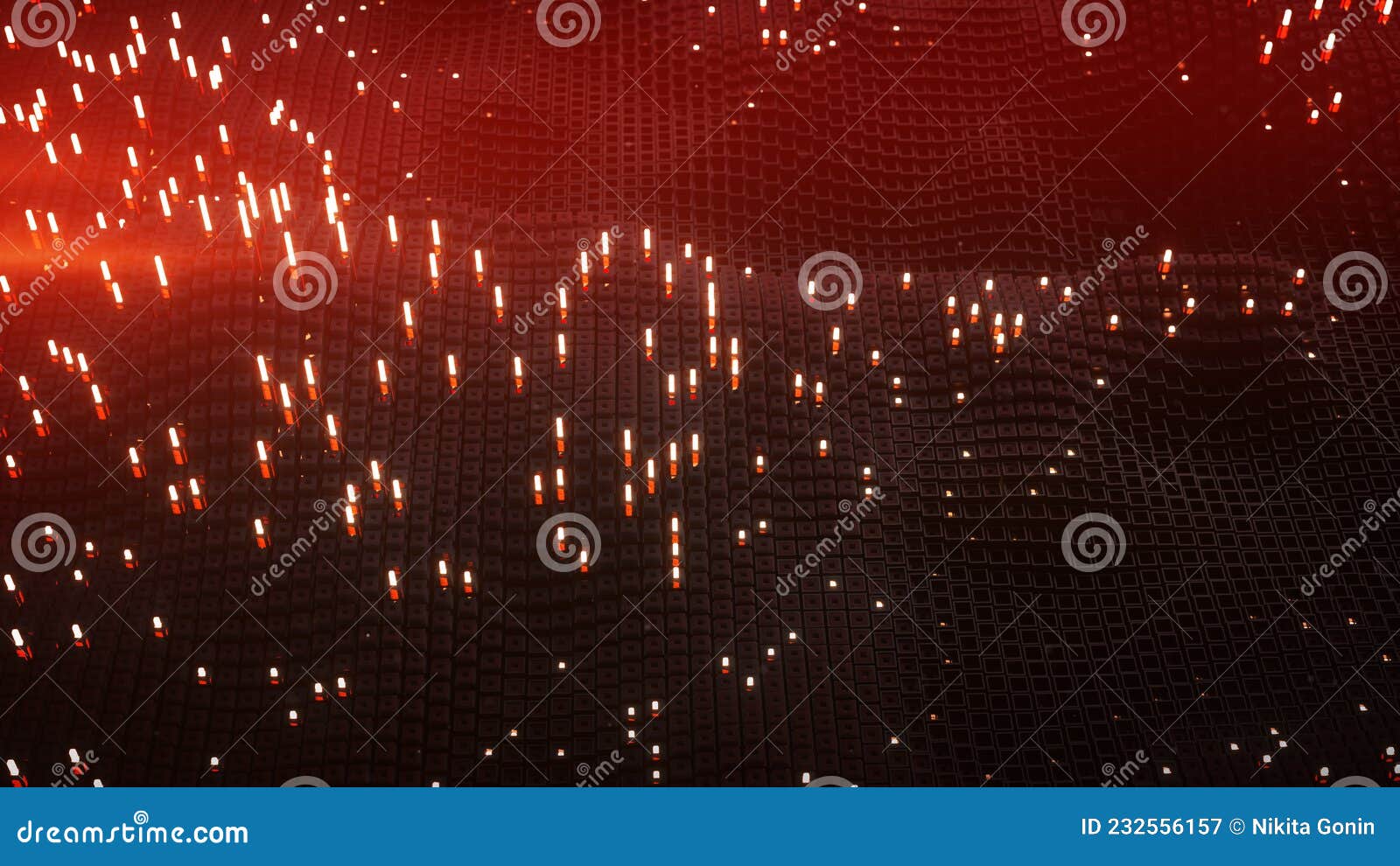 Matrix of Red Cubes and Glowing Columns 3D Render Illustration Stock ...