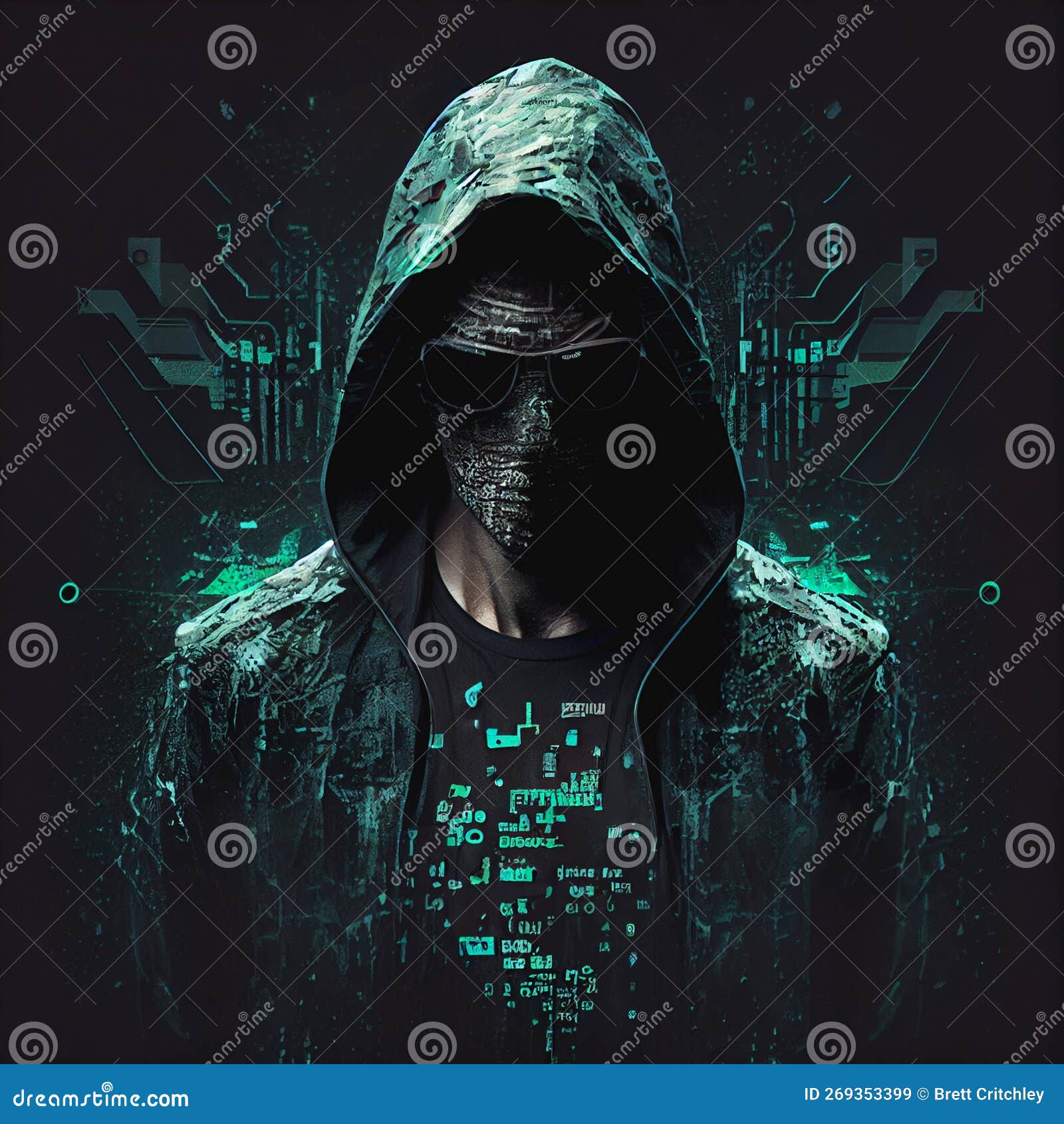 Computer Hacker Line Icon. Abstract Figure Of Man In Mask And ...