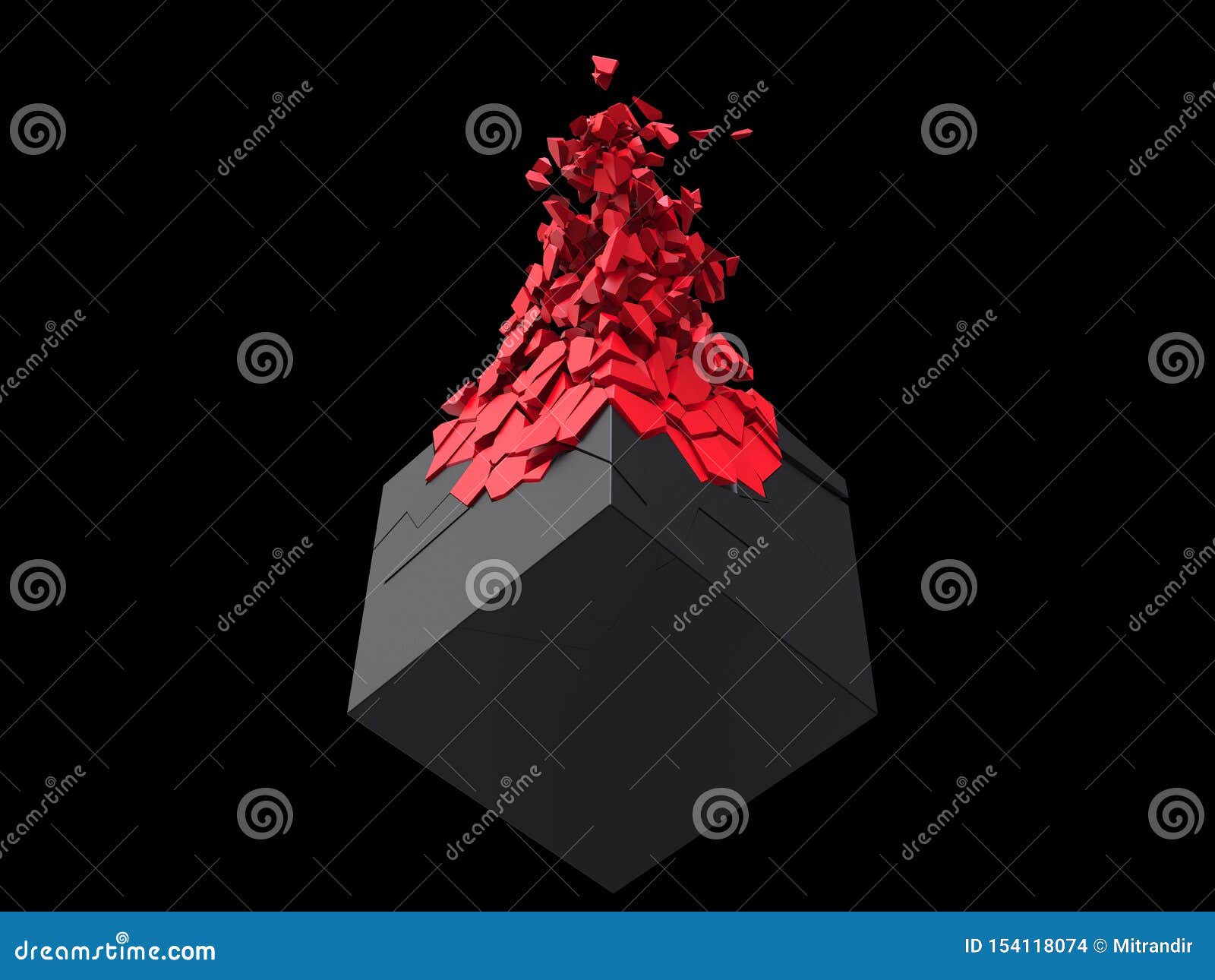 Matte Black Cube Exploding into Small Red Fragments Stock Illustration ...