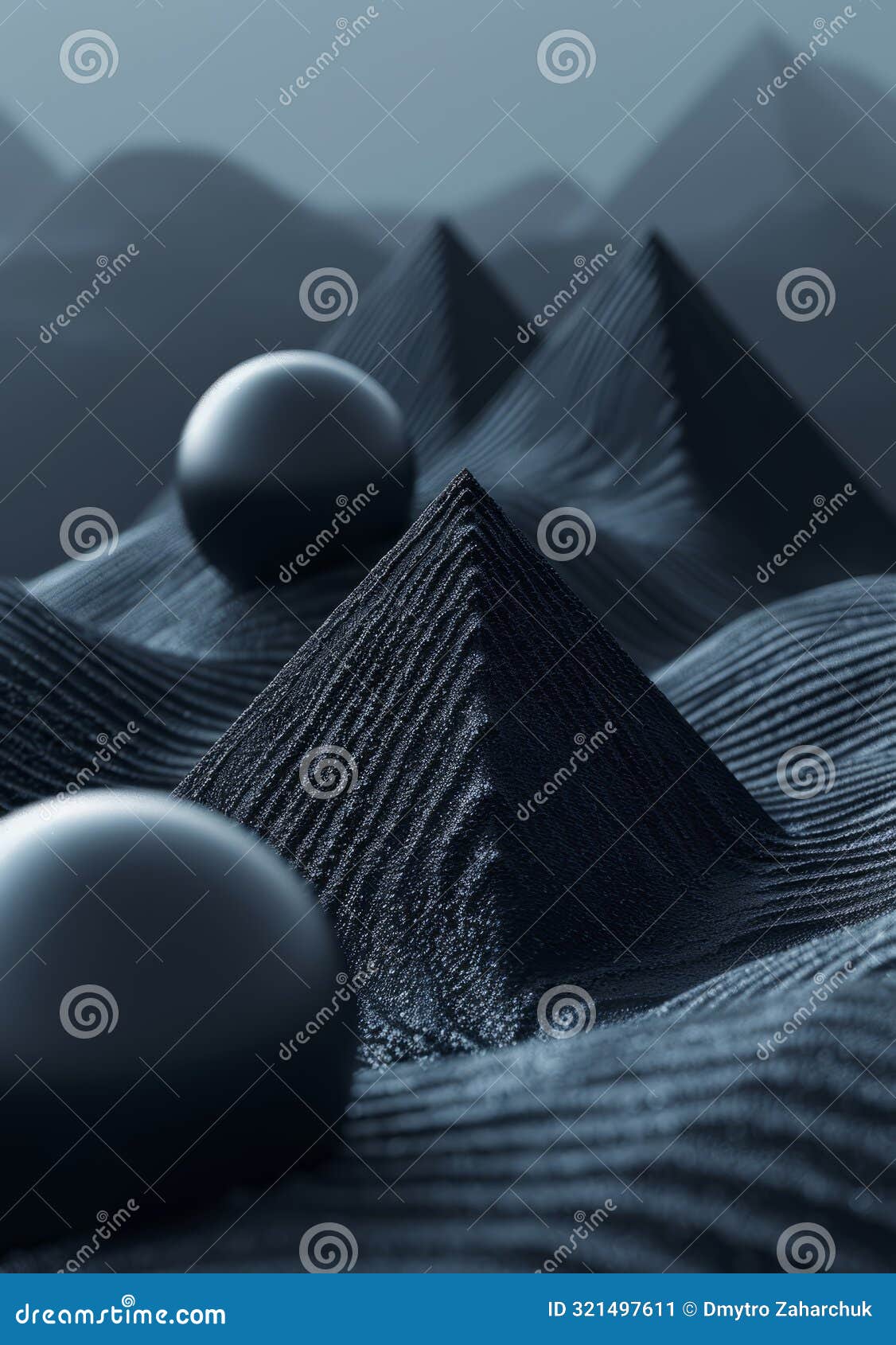 Matte Black Pyramids and Spheres with Subtle Texture, Arranged in a ...