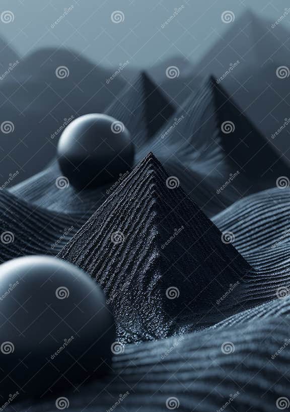 Matte Black Pyramids and Spheres with Subtle Texture, Arranged in a ...