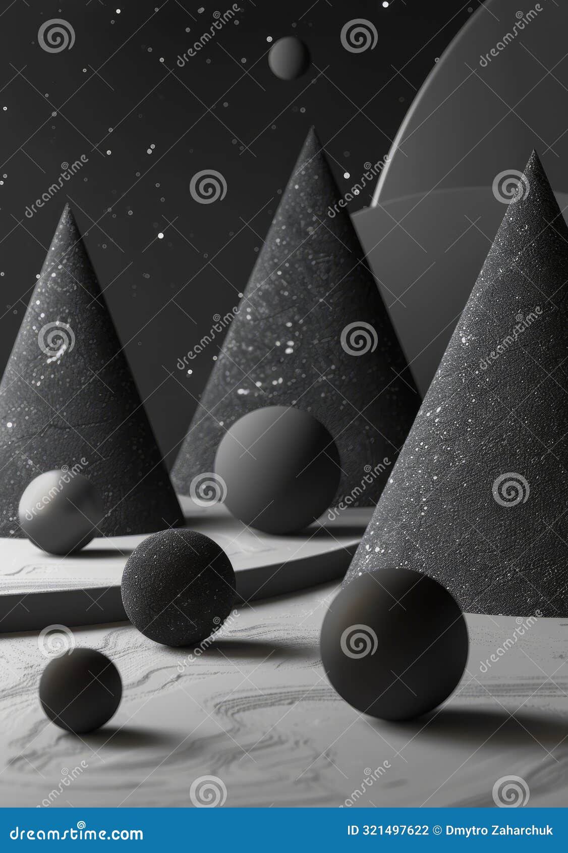 Matte Black Pyramids and Spheres with Subtle Texture, Arranged in a ...