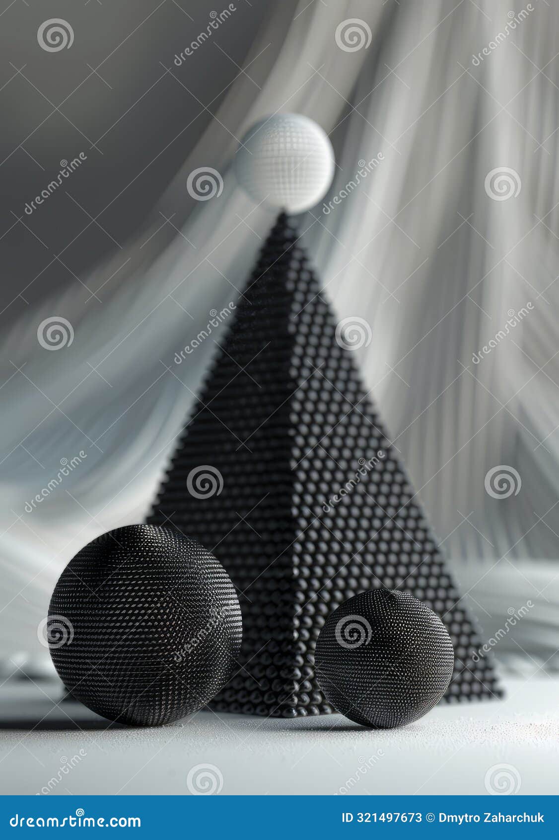 Matte Black Pyramids and Spheres with Subtle Texture, Arranged in a ...