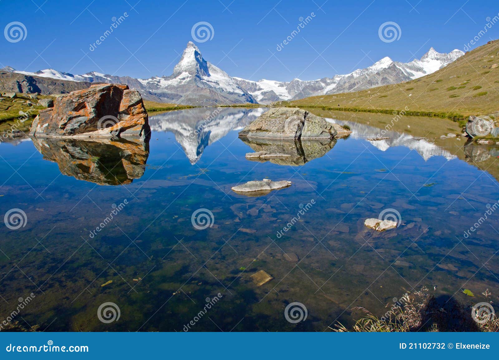 Matterhorn, Stelisee and Two Rocks Stock Photo - Image of trekking ...