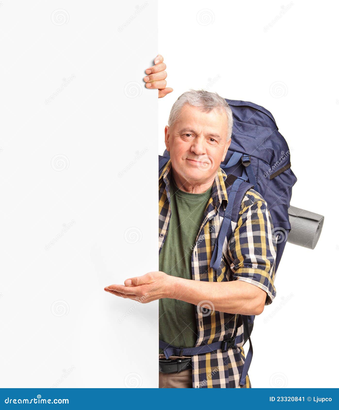 A Mature Backpacker Gesturing on a White Panel Stock Image - Image of ...
