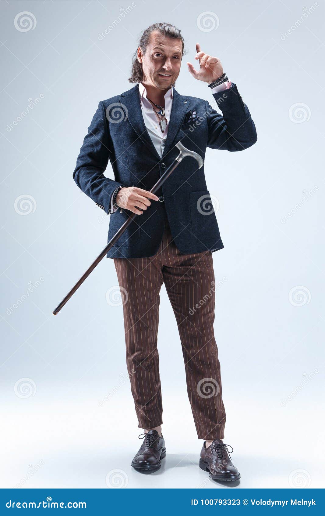 The Mature Barded Man in a Suit Holding Cane. Stock Image - Image of ...