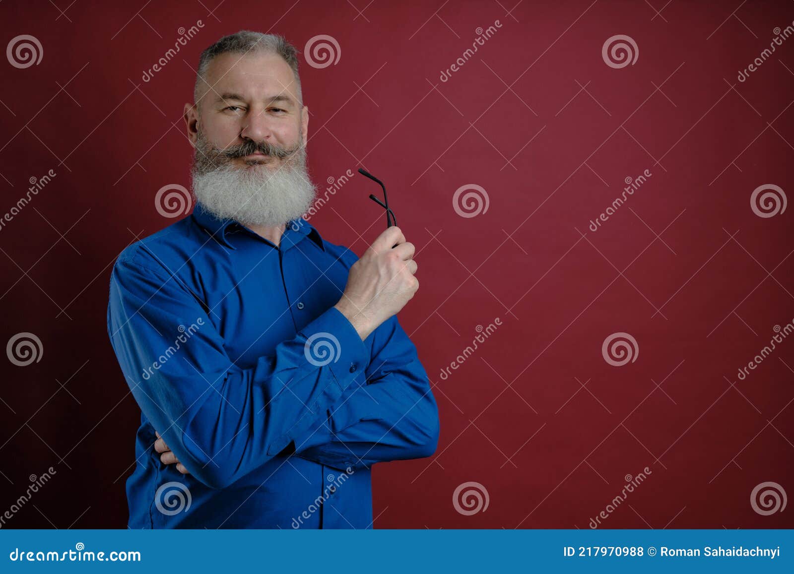 Mature Bearded Caucasian Man Dressed Blue Shirt Looks Confident At