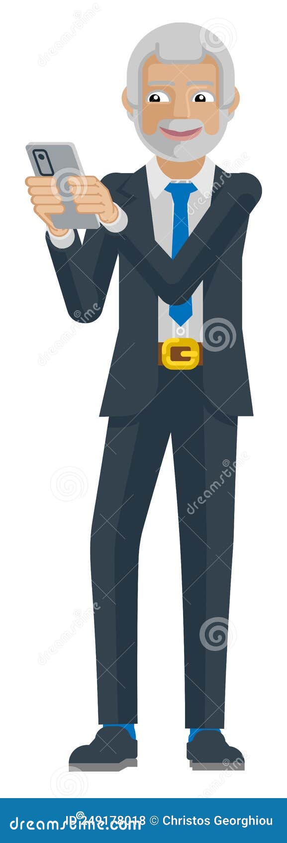 Mature Business Man Holding Phone Cartoon Mascot Stock Vector