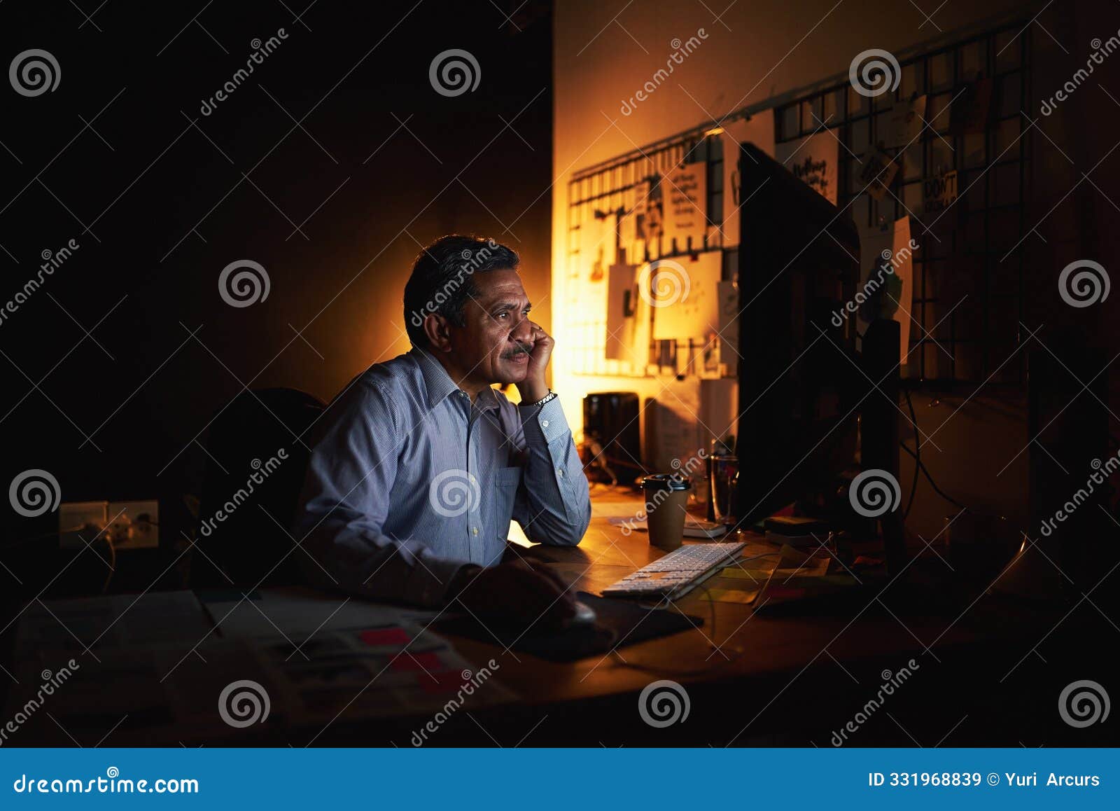 Mature Businessman, Night and Thinking with Computer for Project ...