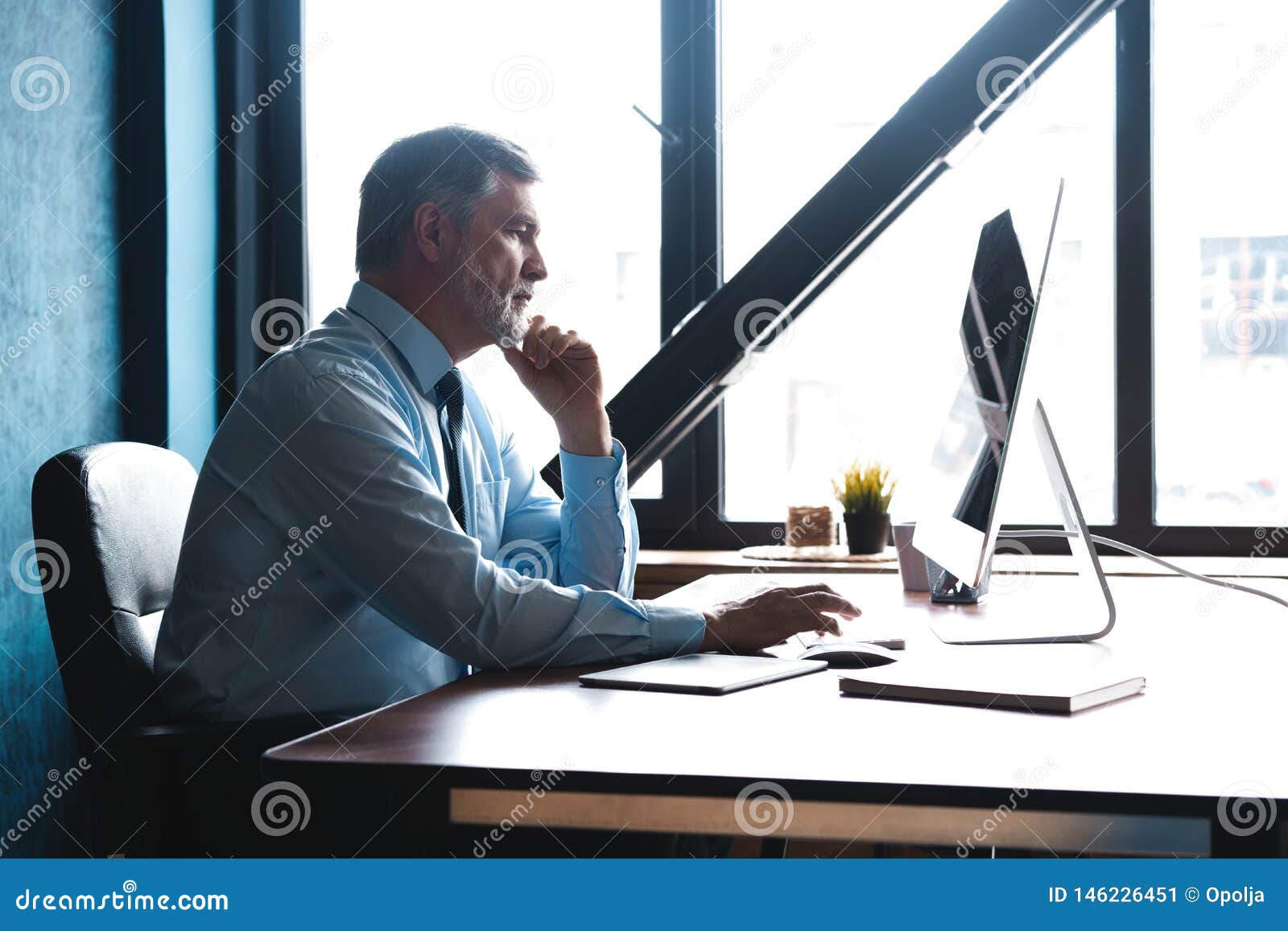 Mature Businessman Working on Computer in Office Stock Image - Image of ...