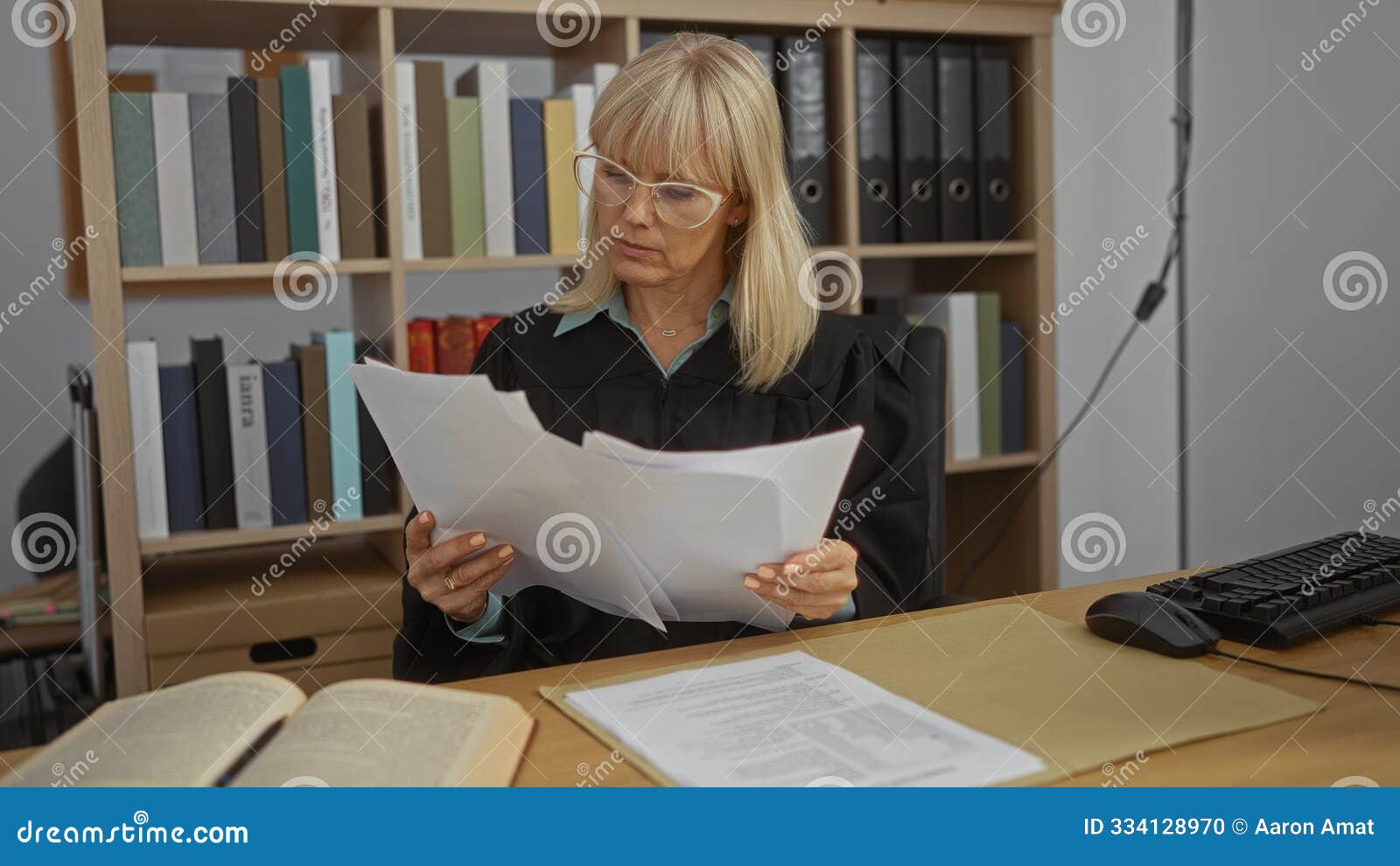 Mature Caucasian Female Judge Reading Documents in an Office Setting ...
