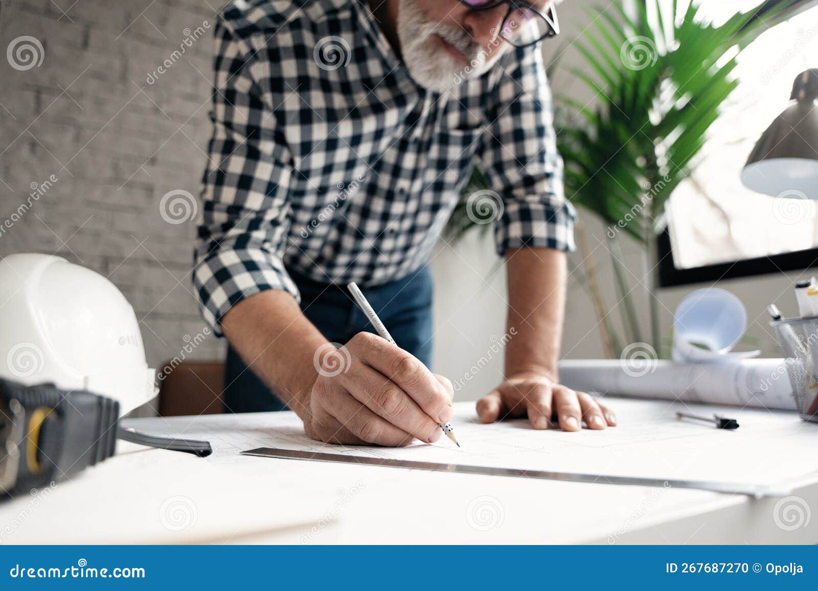 Mature Confident Smiling Architect in Casual Wear Working with ... Mature Confident Smiling Architect in Casual Wear Working with ...