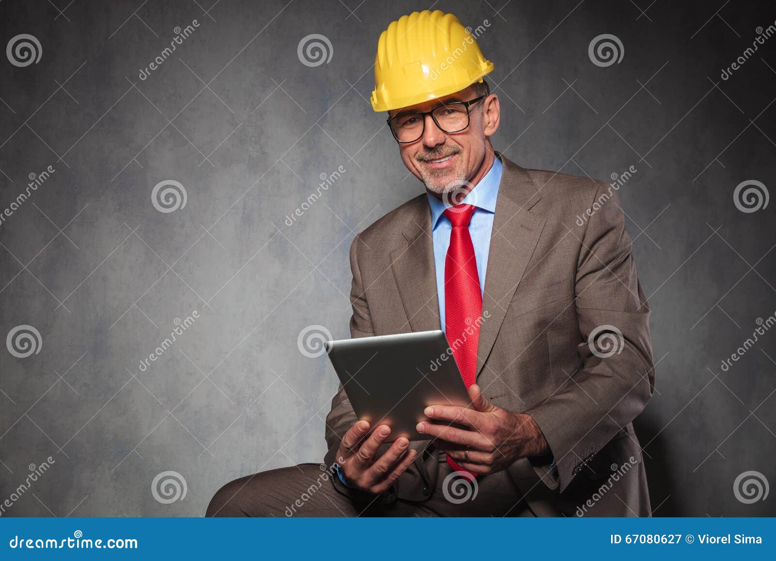 Mature Engineer in Suit Wearing Glasses and Helmet Stock Image - Image ...
