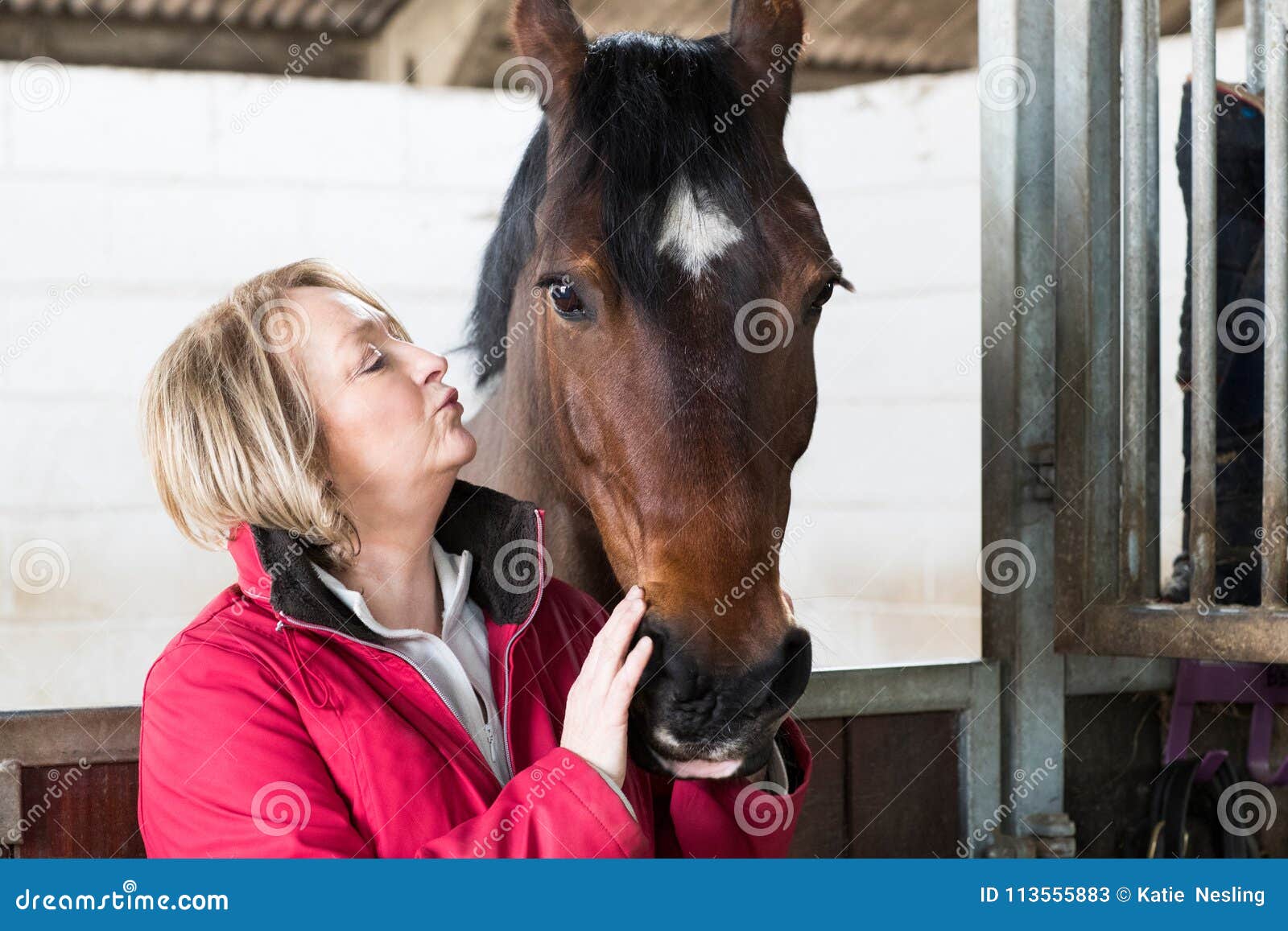 Mature Female Owner in Stable with Horse Stock Image - Image of ...