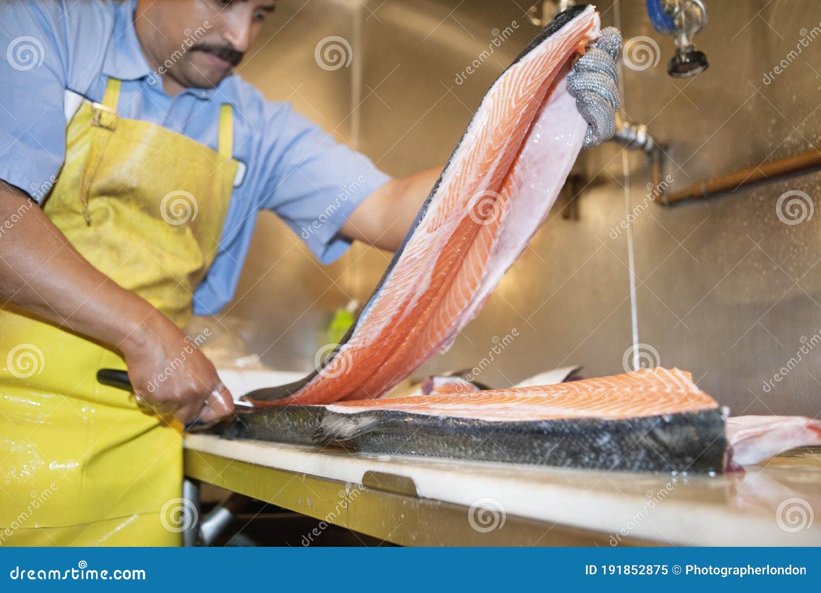 Mature Fishmonger Slicing Salmon Fish on Table Stock Image - Image of ... Mature Fishmonger Slicing Salmon Fish on Table Stock Image - Image of ...