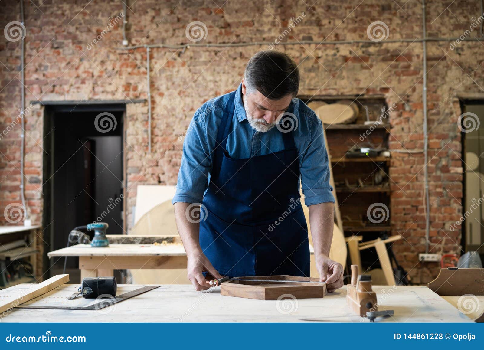 Mature Handsome Joiner Work in Carpentry. he is Successful Entrepreneur ...