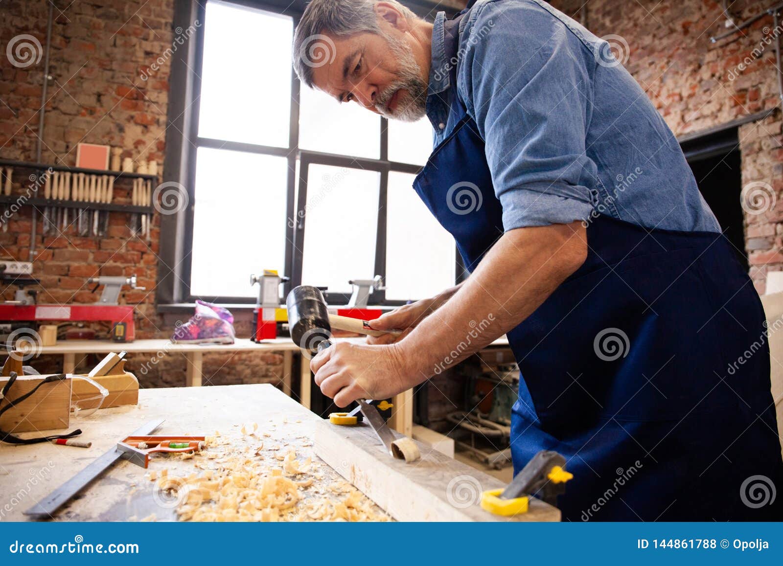 Mature Handsome Joiner Work in Carpentry. he is Successful Entrepreneur ...