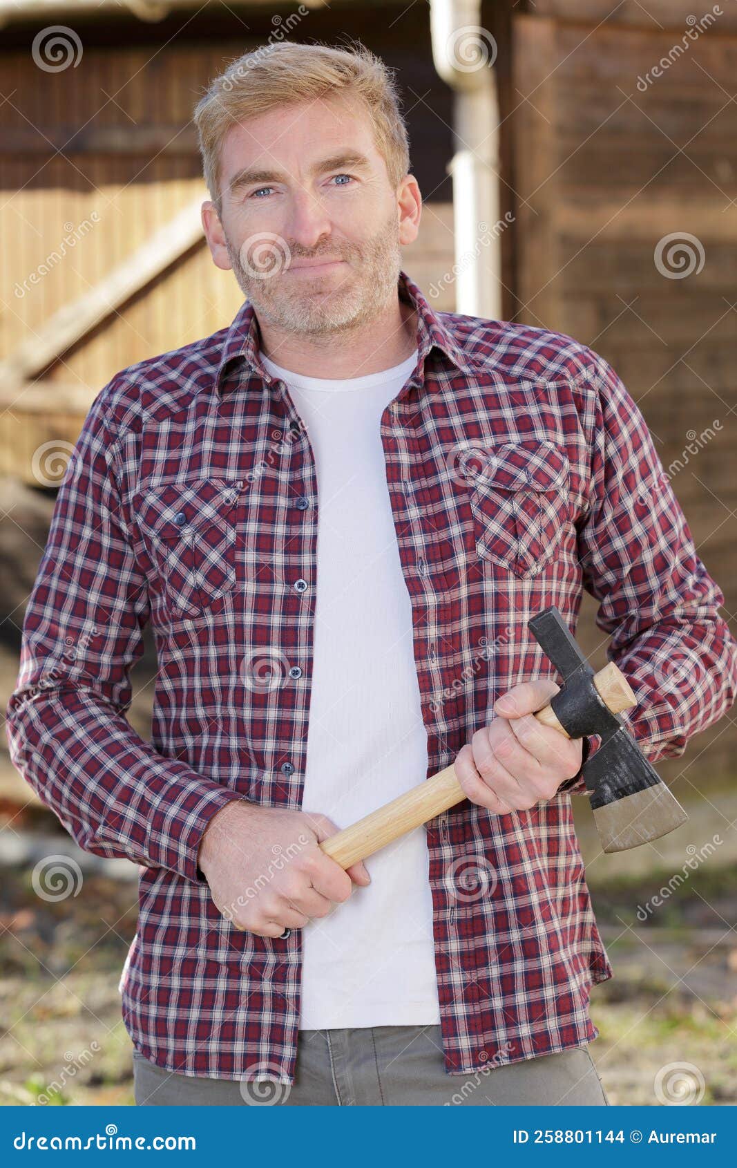Mature Happy Caucasian Man Holding Axe Stock Photo - Image of lumber ...