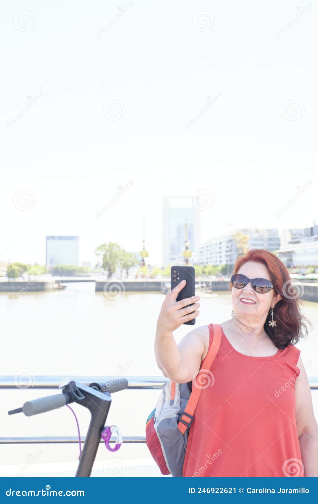 Mature Hispanic Woman Sightseeing And Taking A Selfie In Buenos Aires