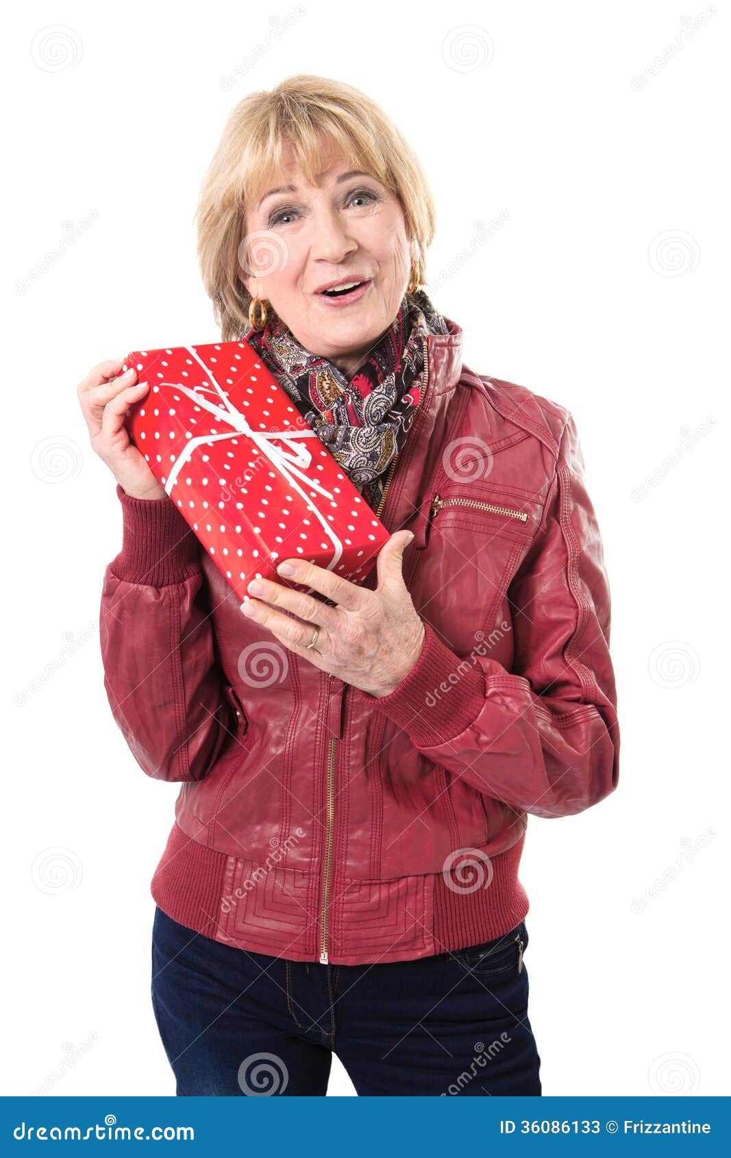 Mature Lady is Pleased with a Gift - Isolated on White Stock Image ...