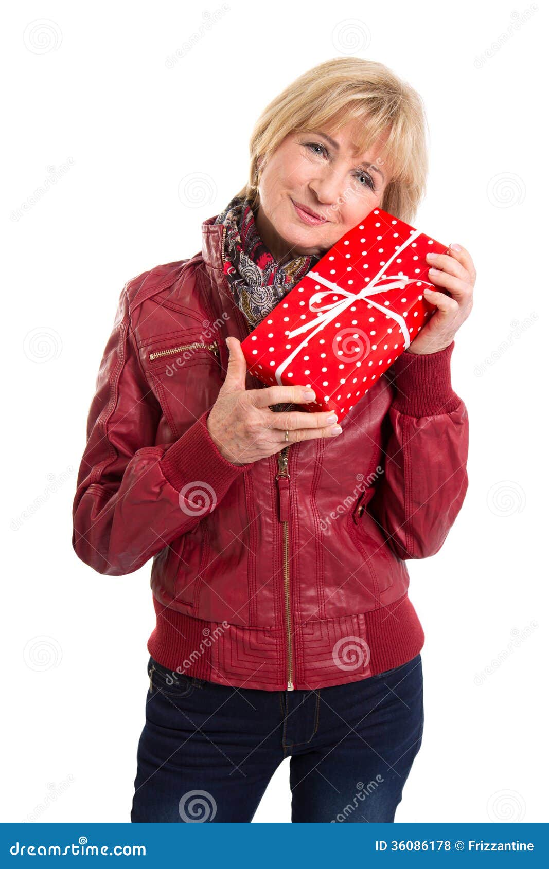 Mature Lady is Pleased with a Gift - Isolated on White Stock Photo ...
