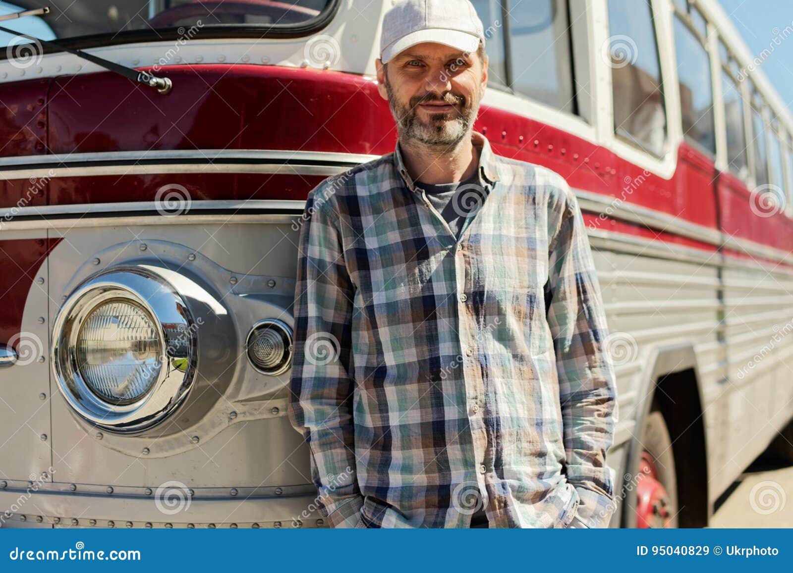 Mature Man Against a Retro Styled Bus Stock Image - Image of gray ...