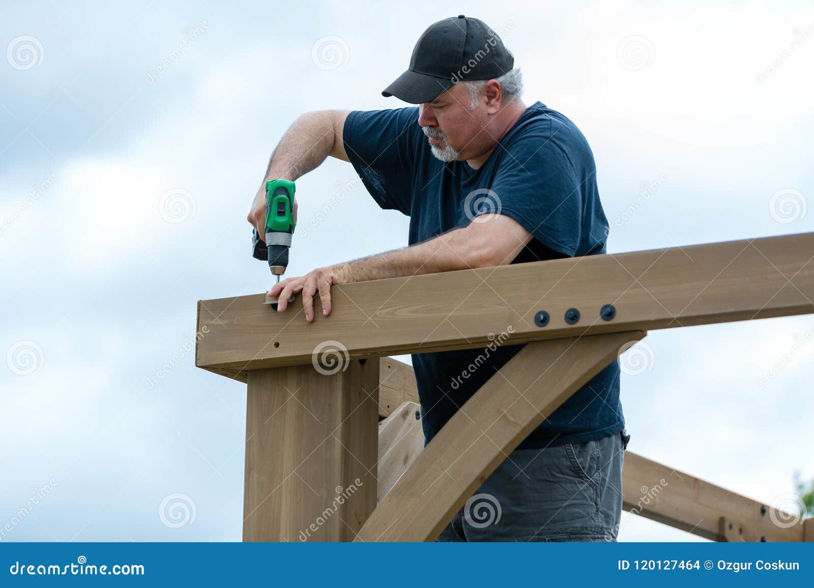 Mature Man Building Wooden Construction Stock Photo - Image of skyline ...