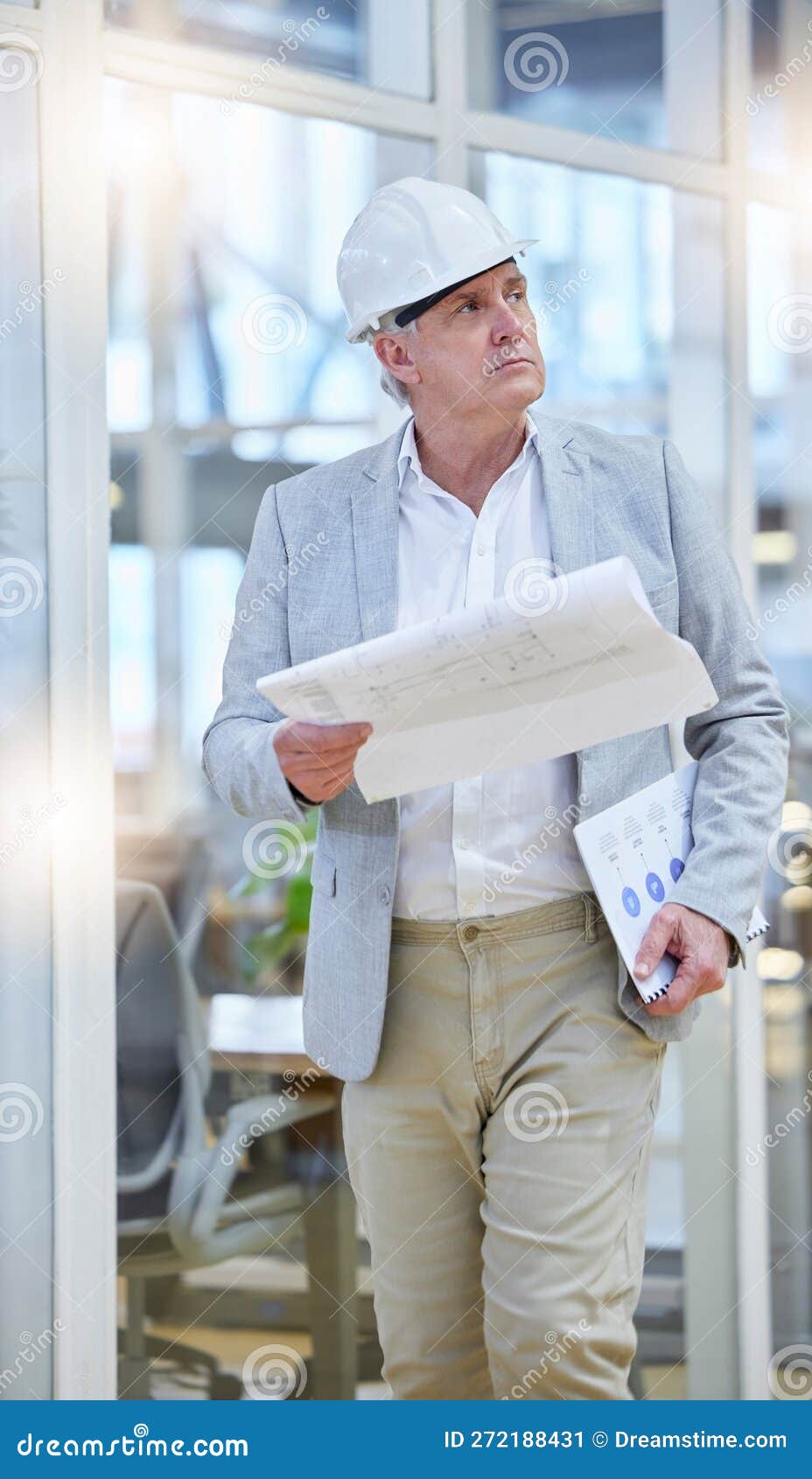 Mature Man, Blueprint and Construction Manager Walking in Building Site ...