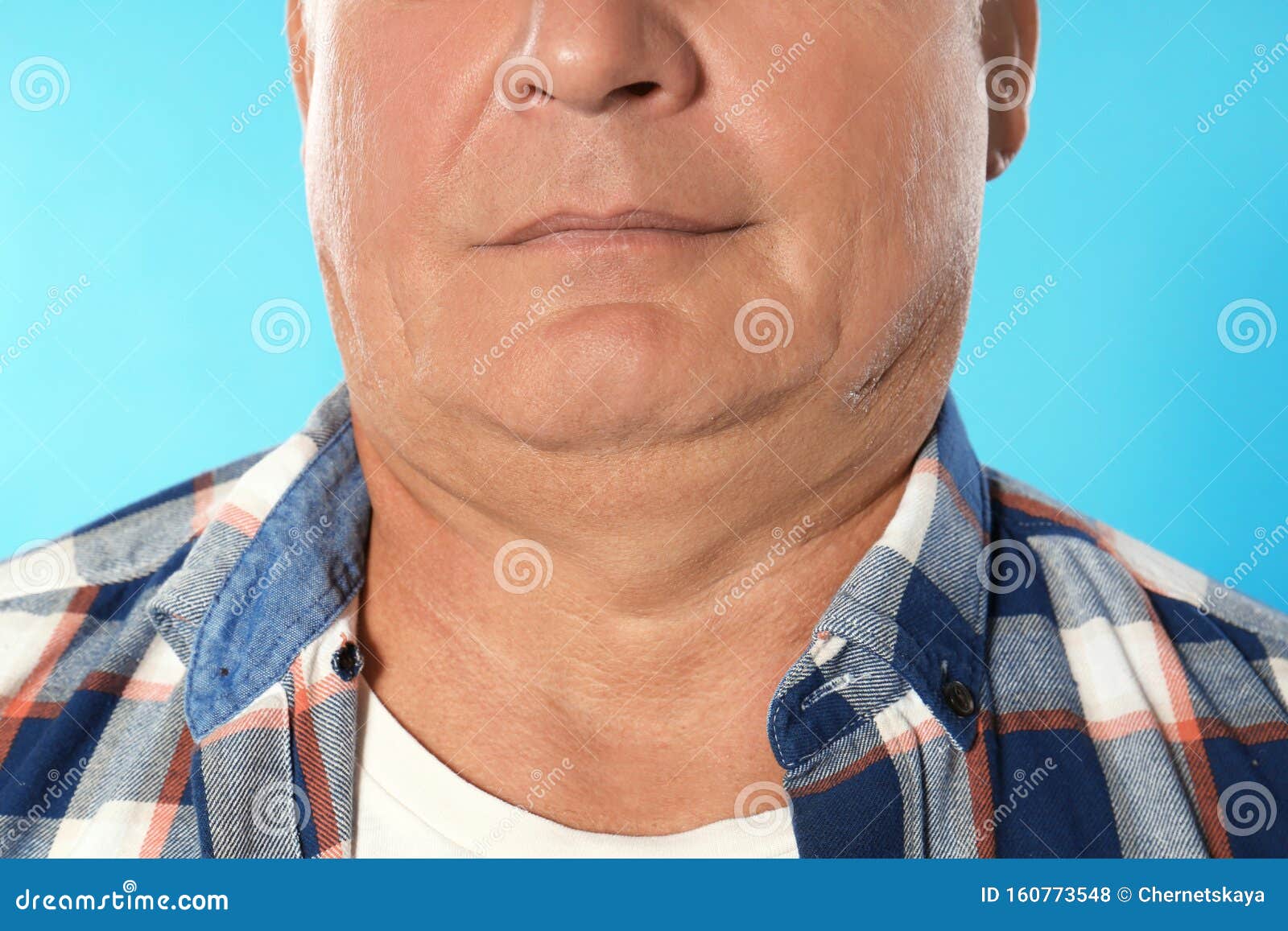 Mature Man with Double Chin on Blue, Closeup Stock Photo - Image of ...