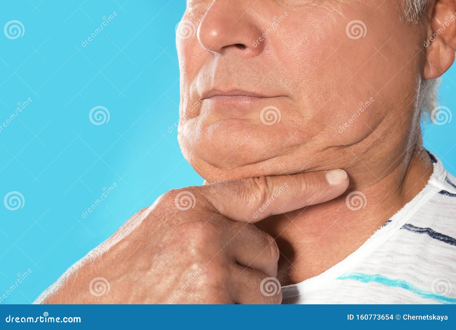 Mature Man with Double Chin on Blue, Closeup Stock Photo - Image of ...