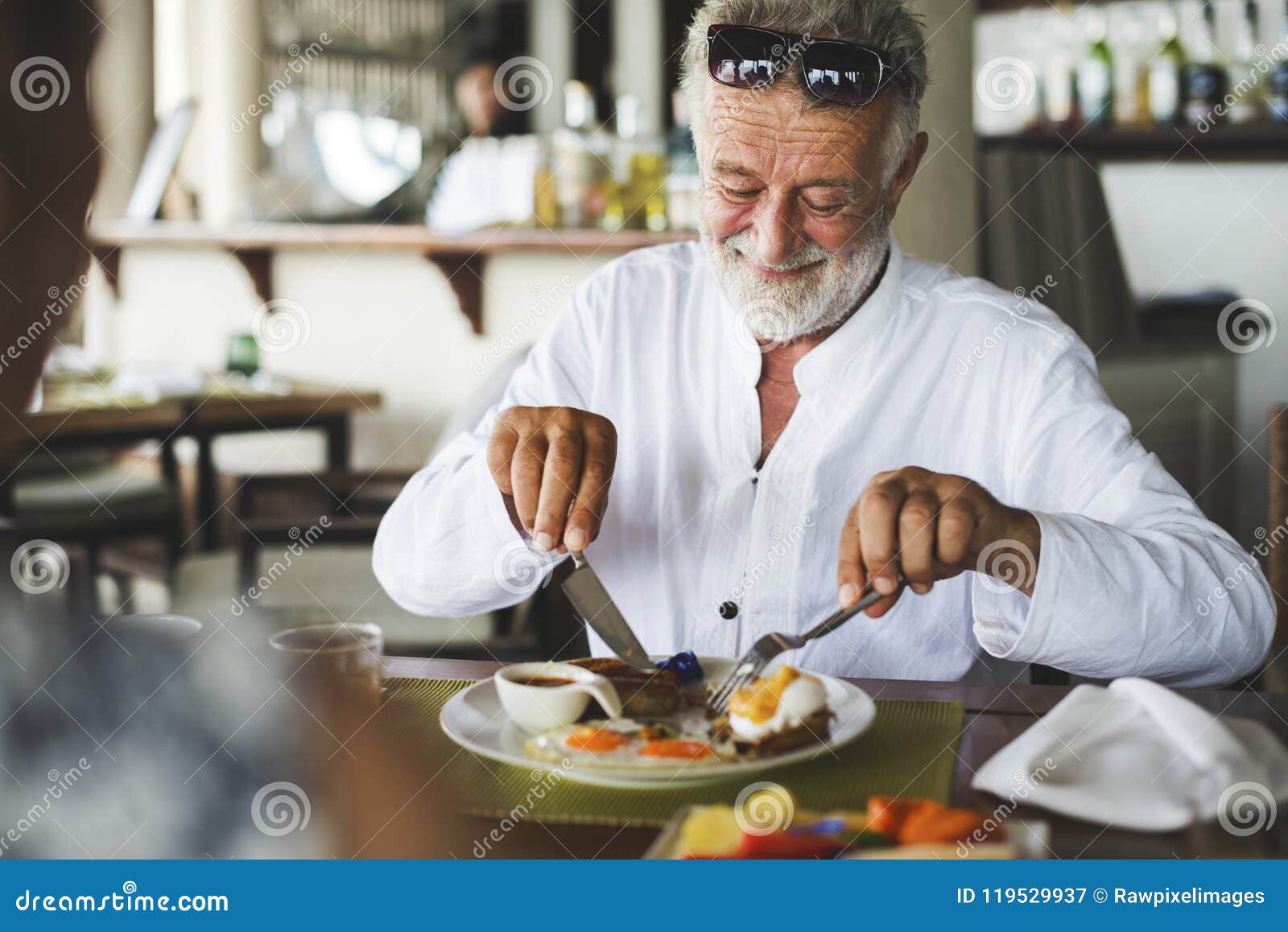 Mature Man Eating Breakfast at Hotel Stock Image - Image of brunch ...