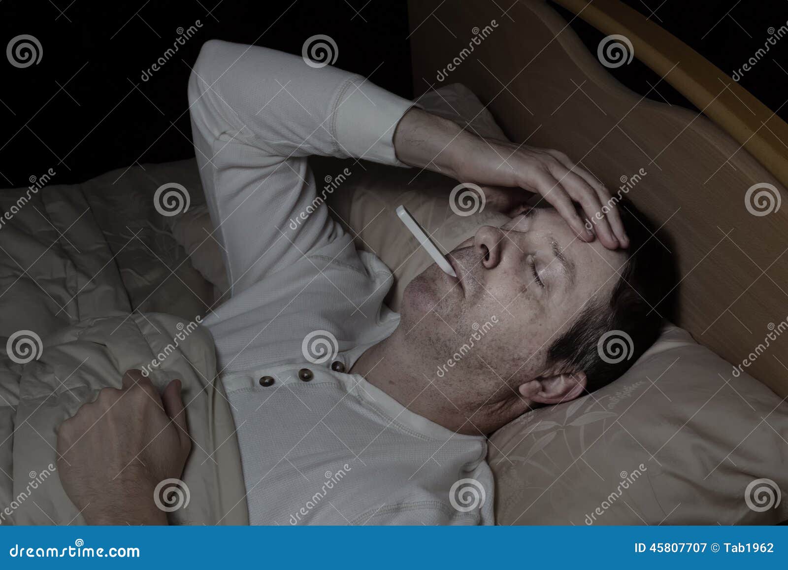 Mature Man with High Fever in Bed Stock Image - Image of cold ...