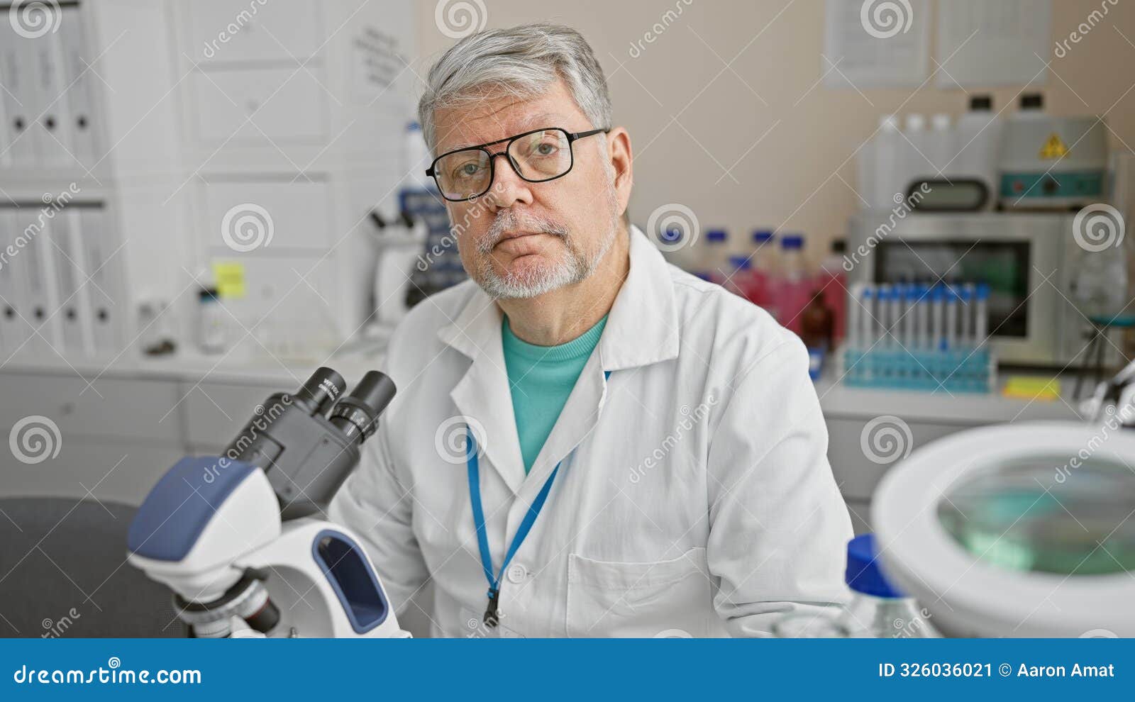 Mature Man in Lab Coat with Microscope in a Laboratory Setting Stock ...