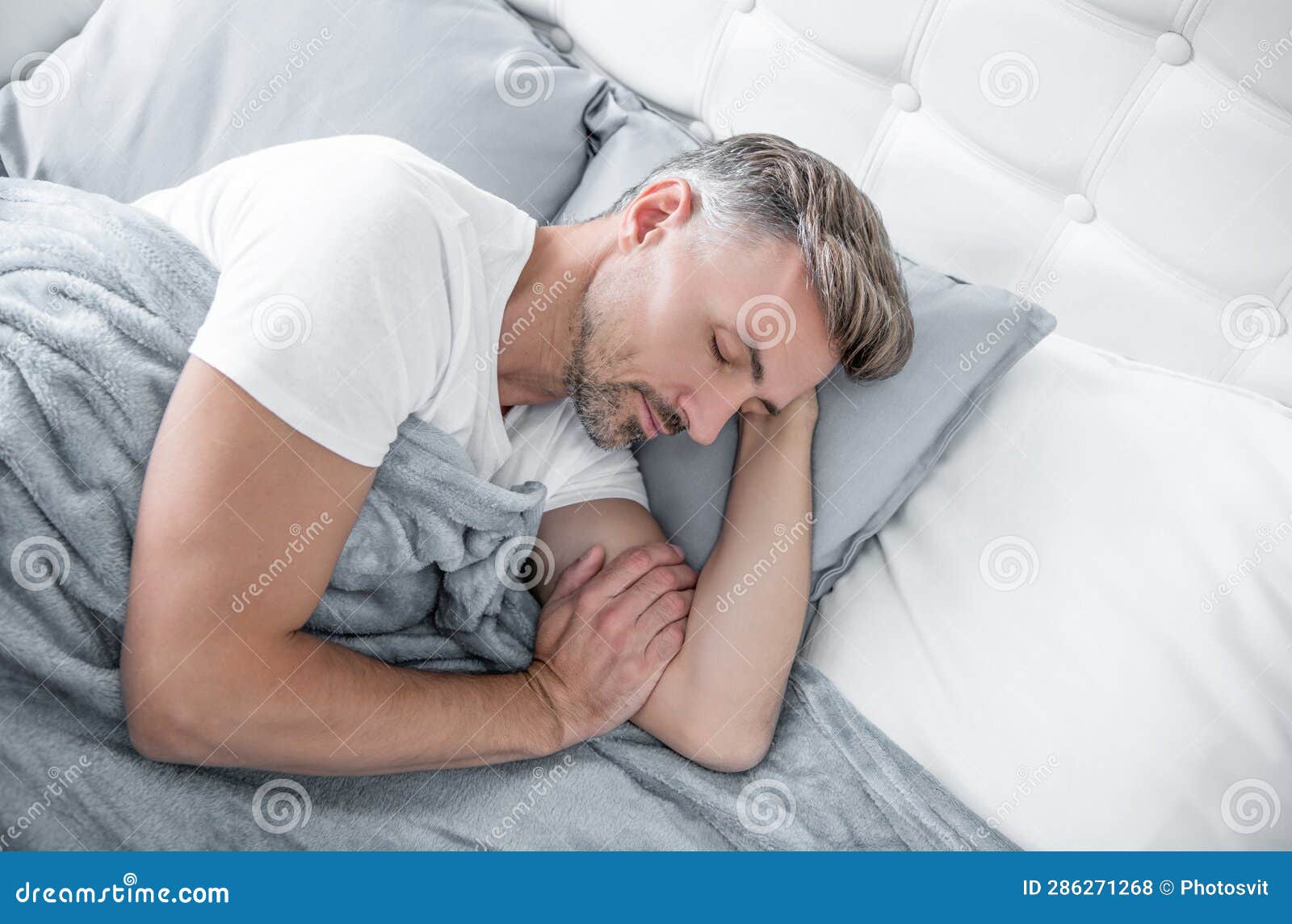 Mature Man Napping in Bed. Early Morning Stock Photo - Image of mature ...
