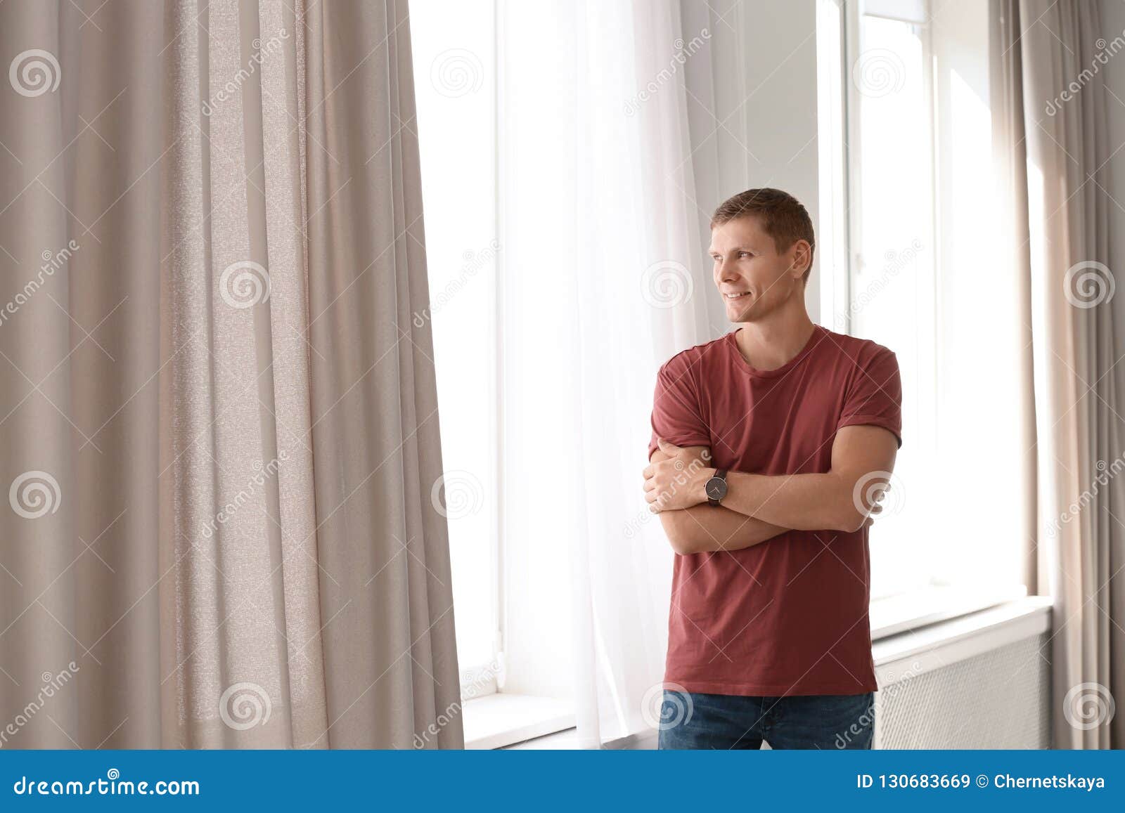 Mature Man Near Window with Open Curtains at Home Stock Image - Image ...