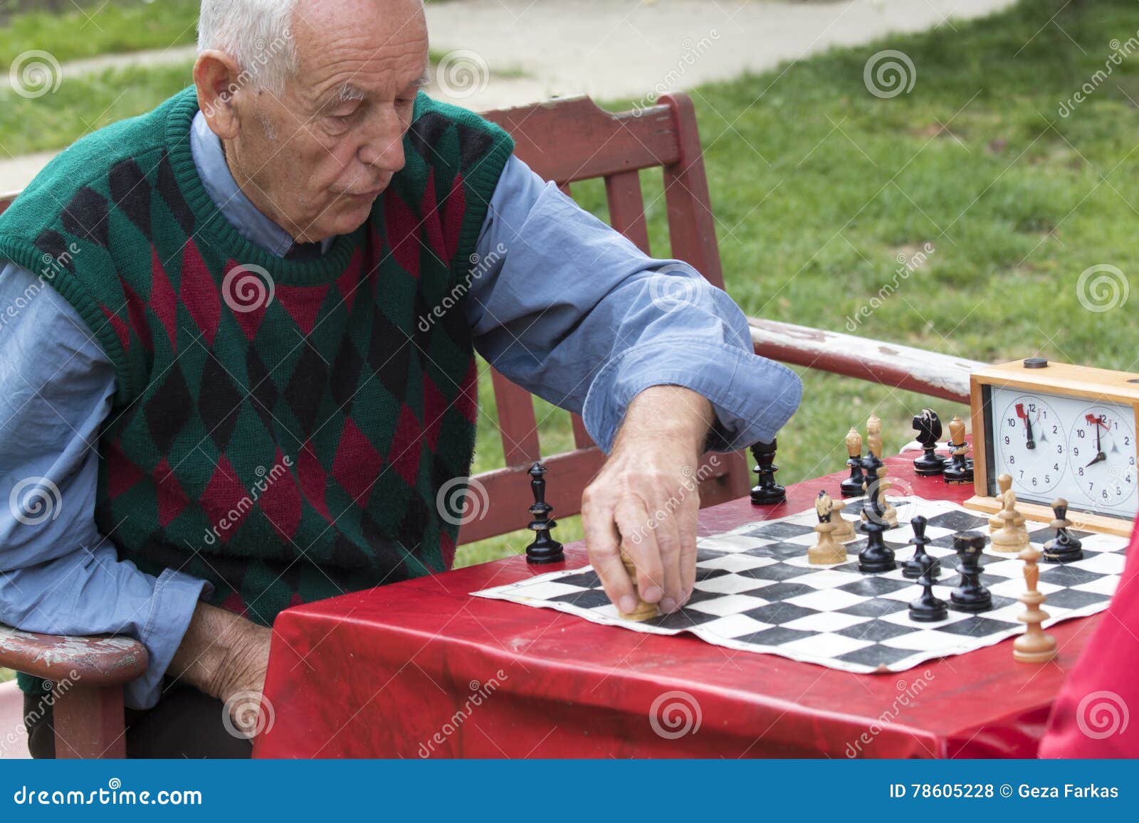 Mature man playing chess stock photo. Image of garden - 78605228