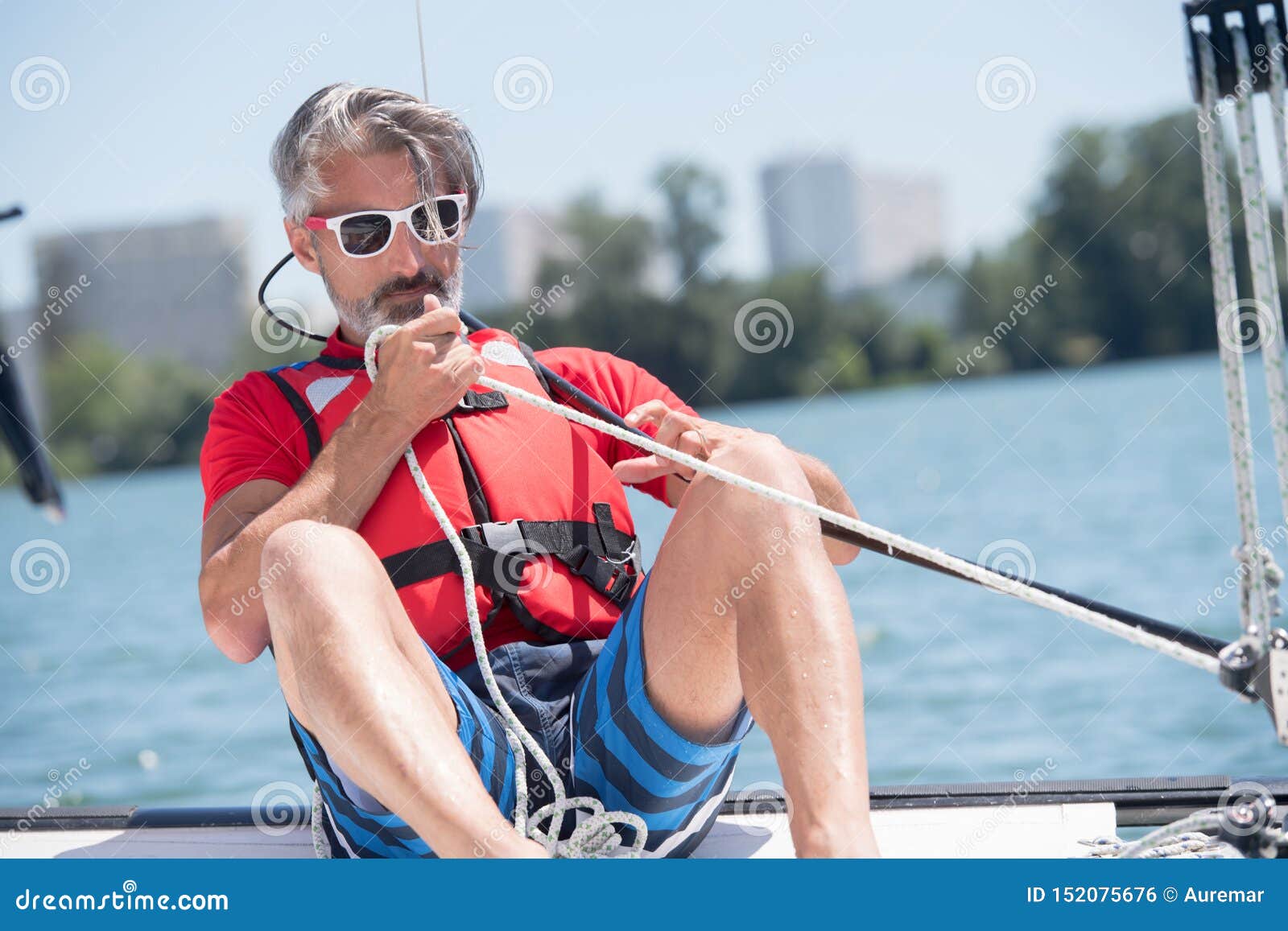 Mature Man Pulling on Rope Sailing Vessel Stock Photo - Image of ...