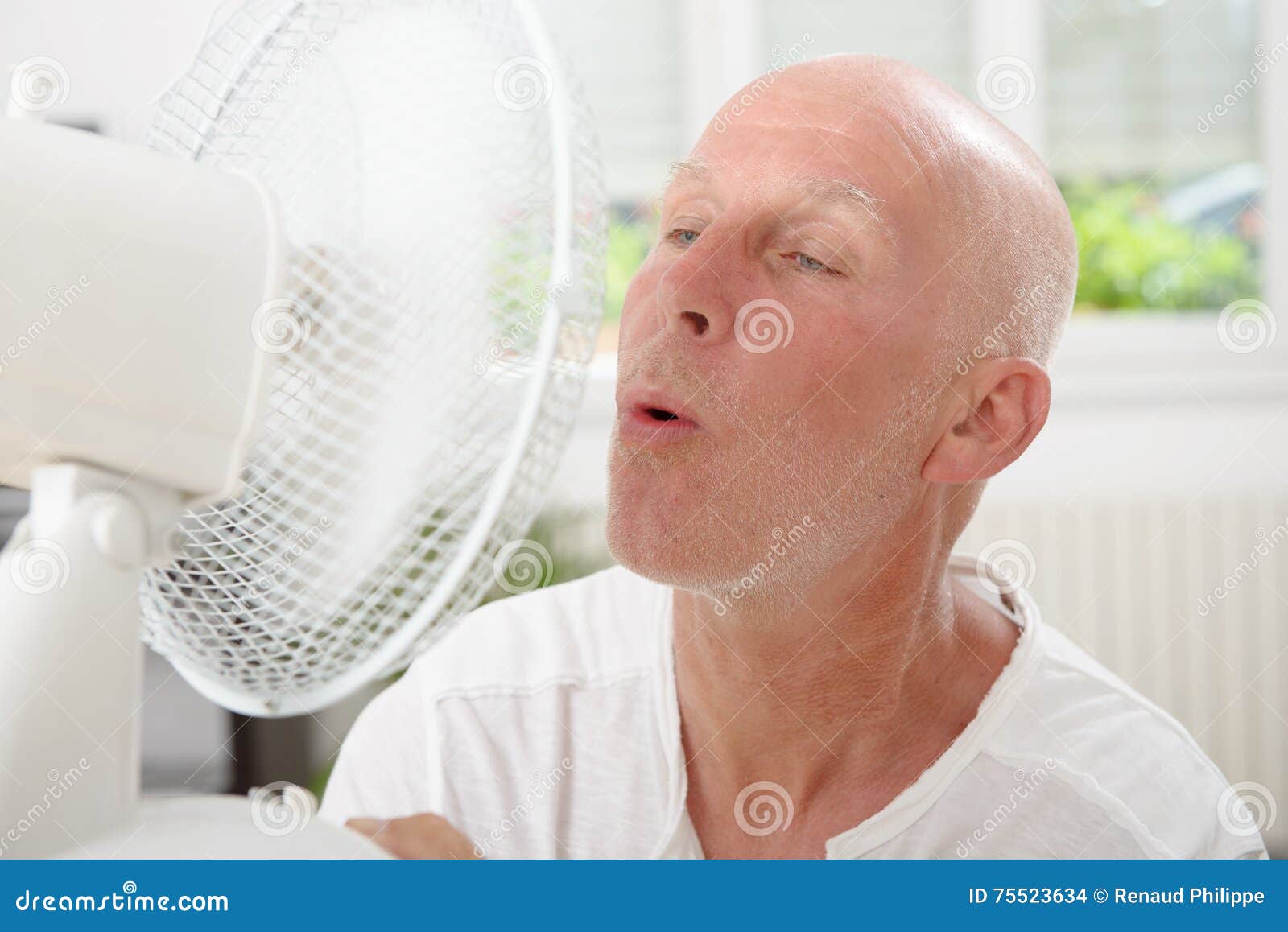 Mature Man Refreshed with a Fan Stock Photo - Image of relaxation ...