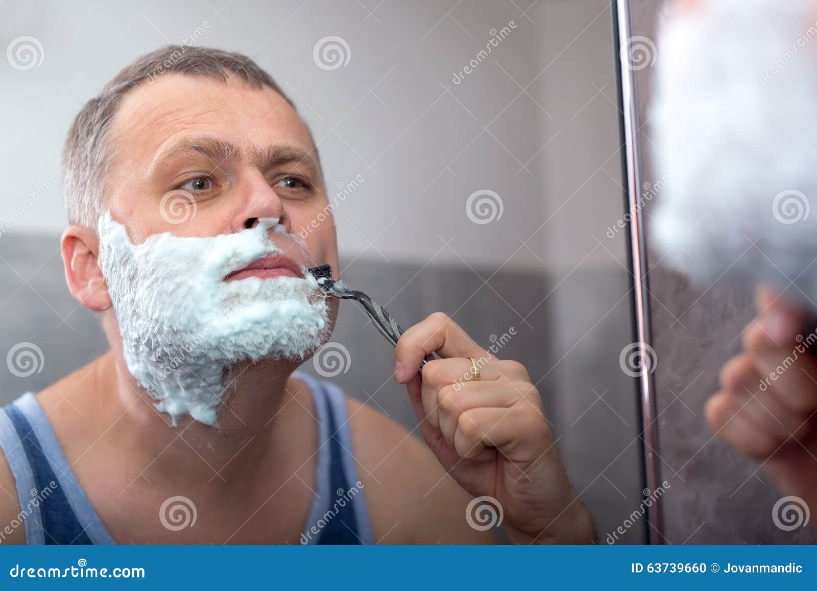 Mature Man Shaving in Front of Mirror Stock Photo - Image of facial ...