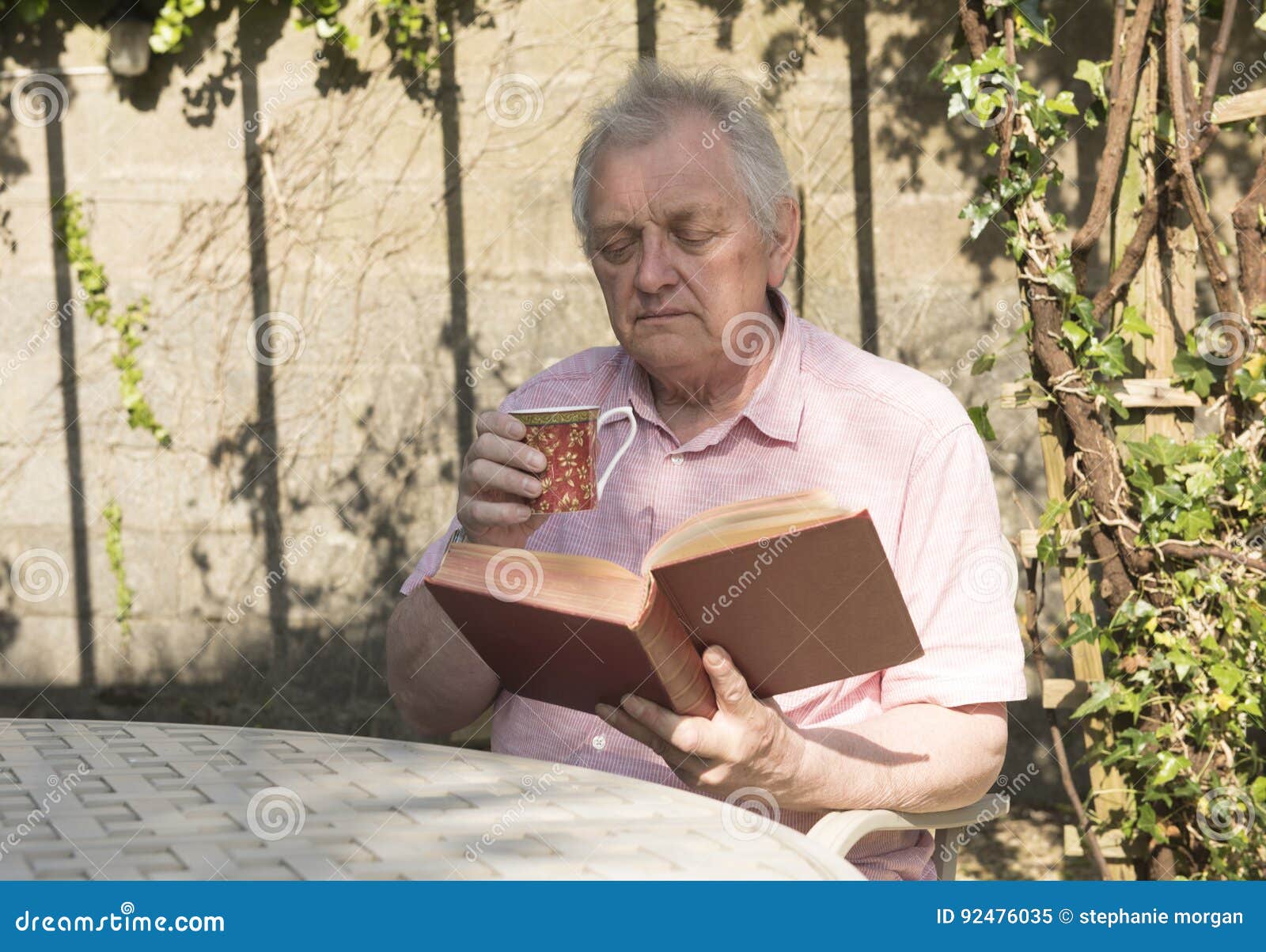 Mature Man Sitting Outside Reading a Book Stock Image - Image of hair ...
