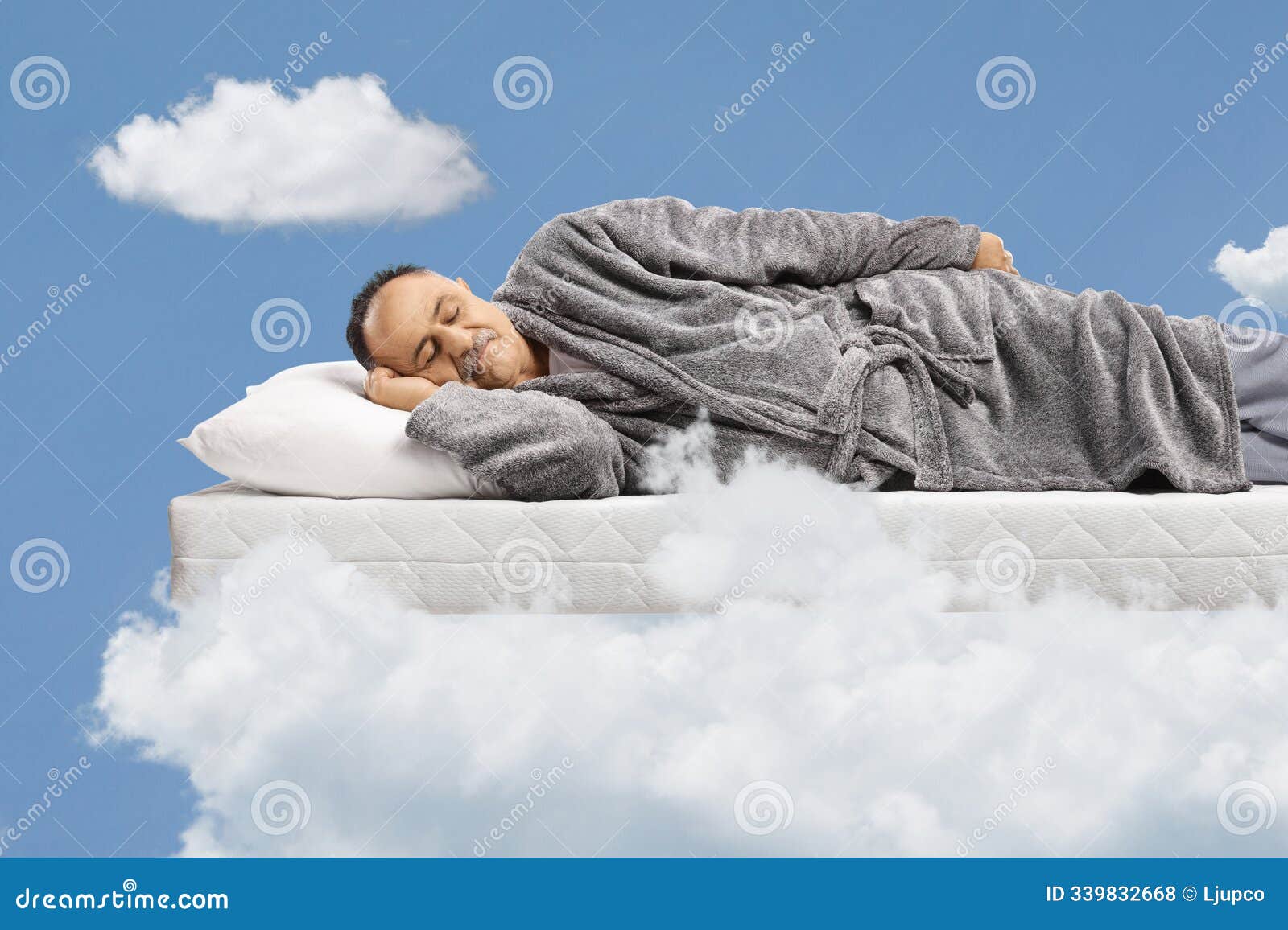Mature Man Sleeping on a Matress and Floating in the Sky Stock ...