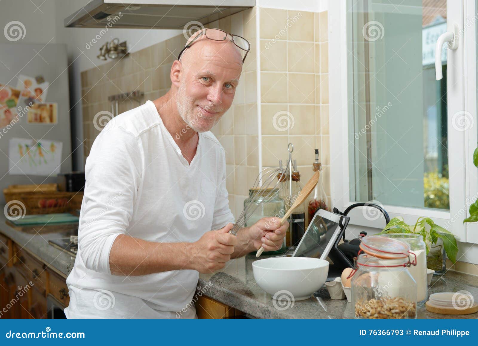 Mature Man Smiling in the Kitchen Stock Image - Image of caucasian ...
